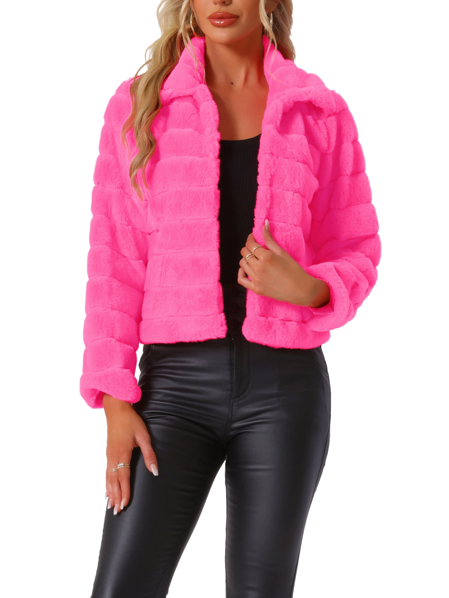 Allegra K Women's Faux Fur Turn Down Collar Open Front Cropped Fluffy ...