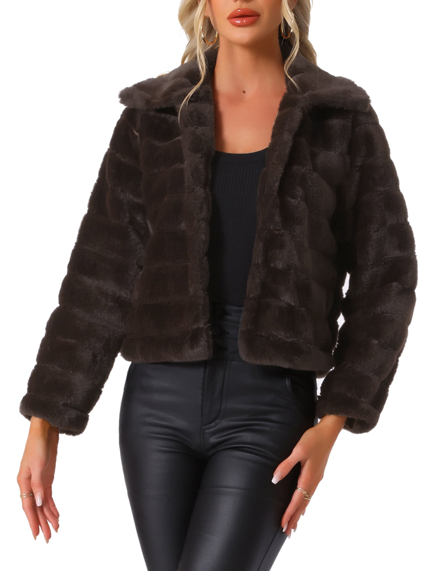 INSPIRE CHIC Women's Faux Fur Turn Down Collar Open Front Cropped ...