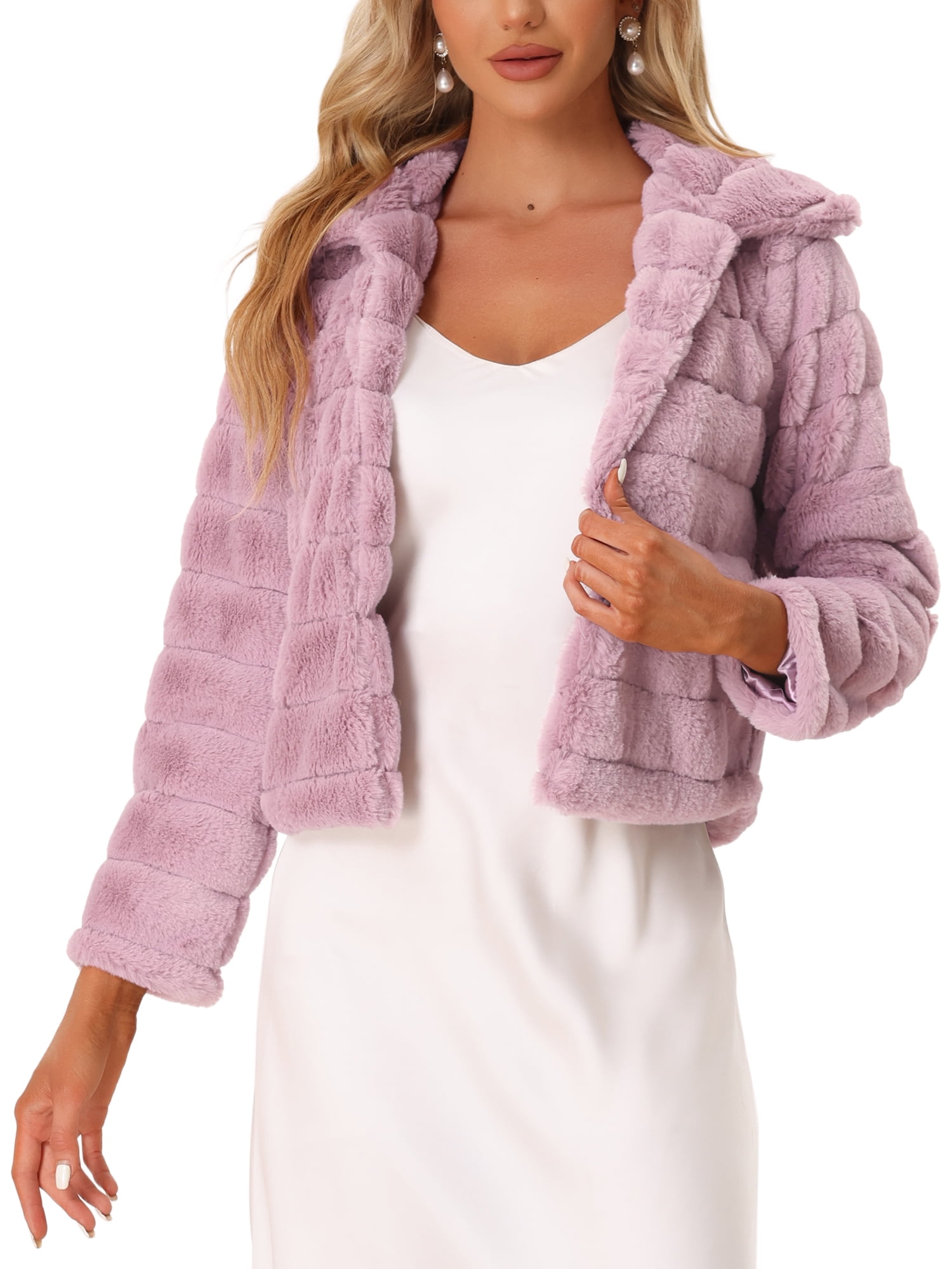 Allegra K Women's Faux Fur Turn Down Collar Open Front Cropped Fluffy ...