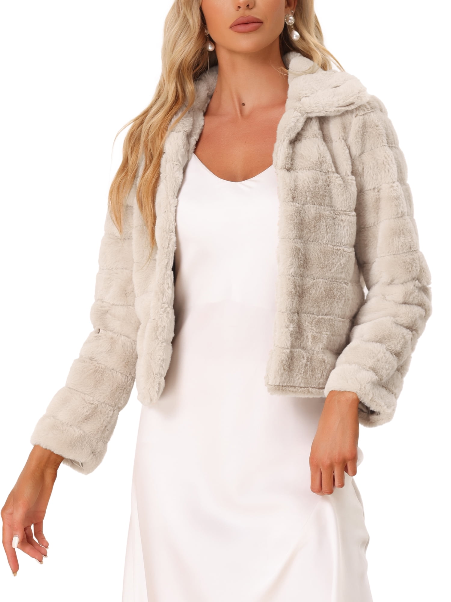 Allegra K Women's Faux Fur Turn Down Collar Open Front Cropped Fluffy ...