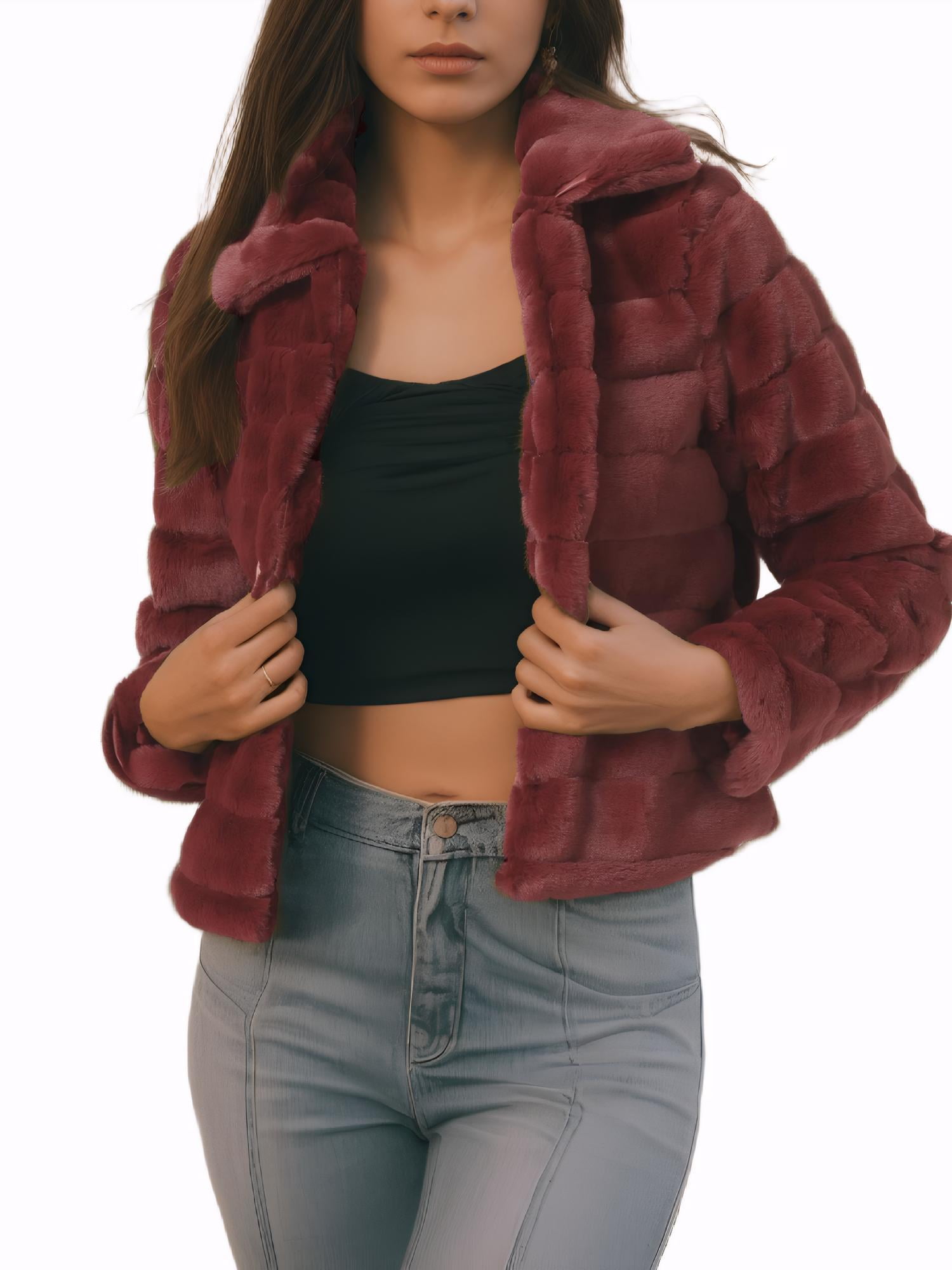 INSPIRE CHIC Women's Faux Fur Turn Down Collar Open Front Cropped ...