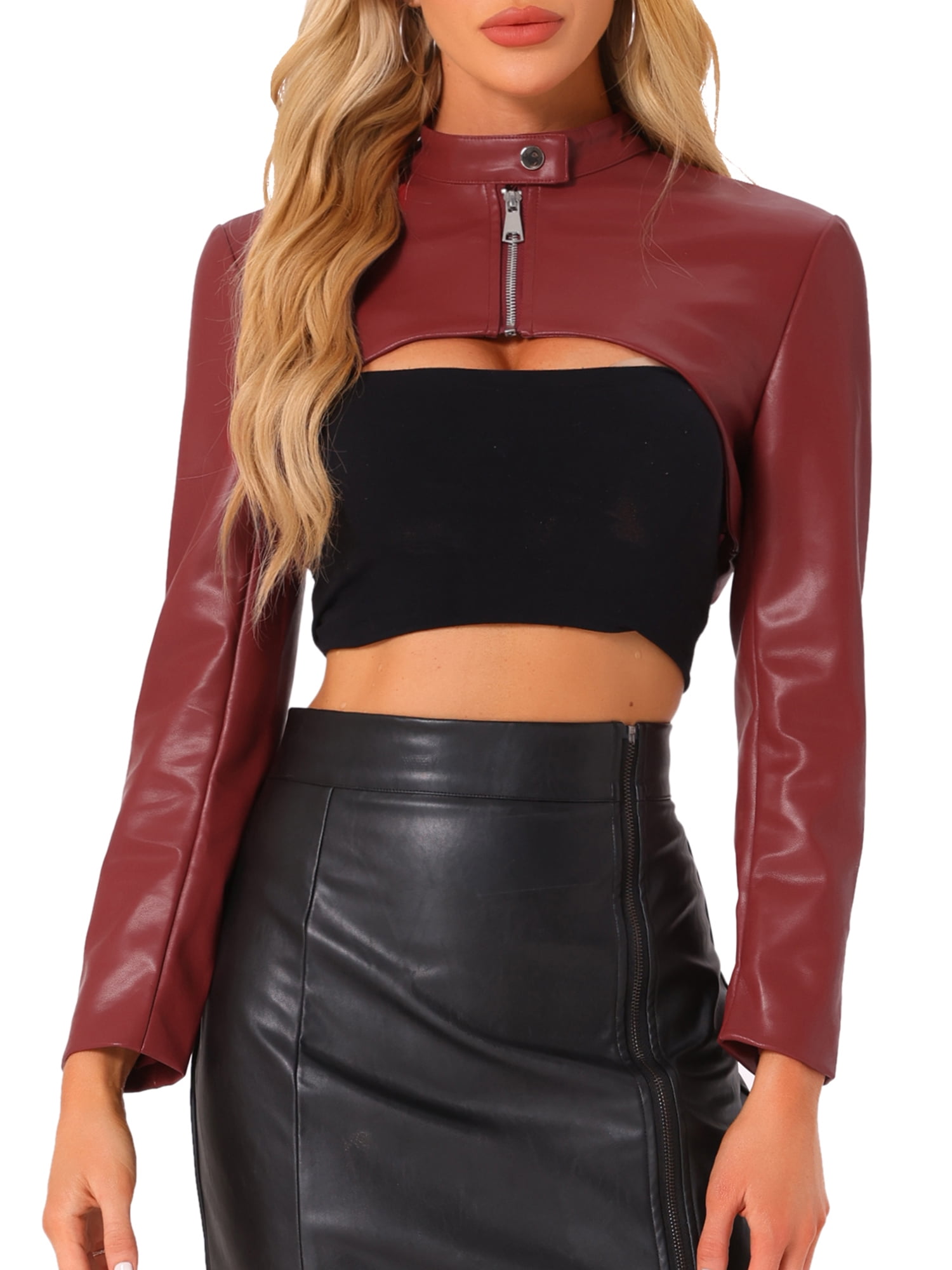 INSPIRE CHIC Women's Faux Leather Stand Collar Zipper Front Long Sleeve ...