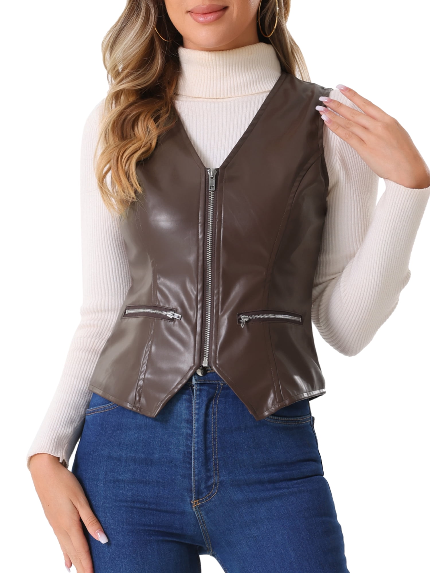 INSPIRE CHIC Women's Faux Leather Waistcoat V Neck Sleeveless Zipper ...