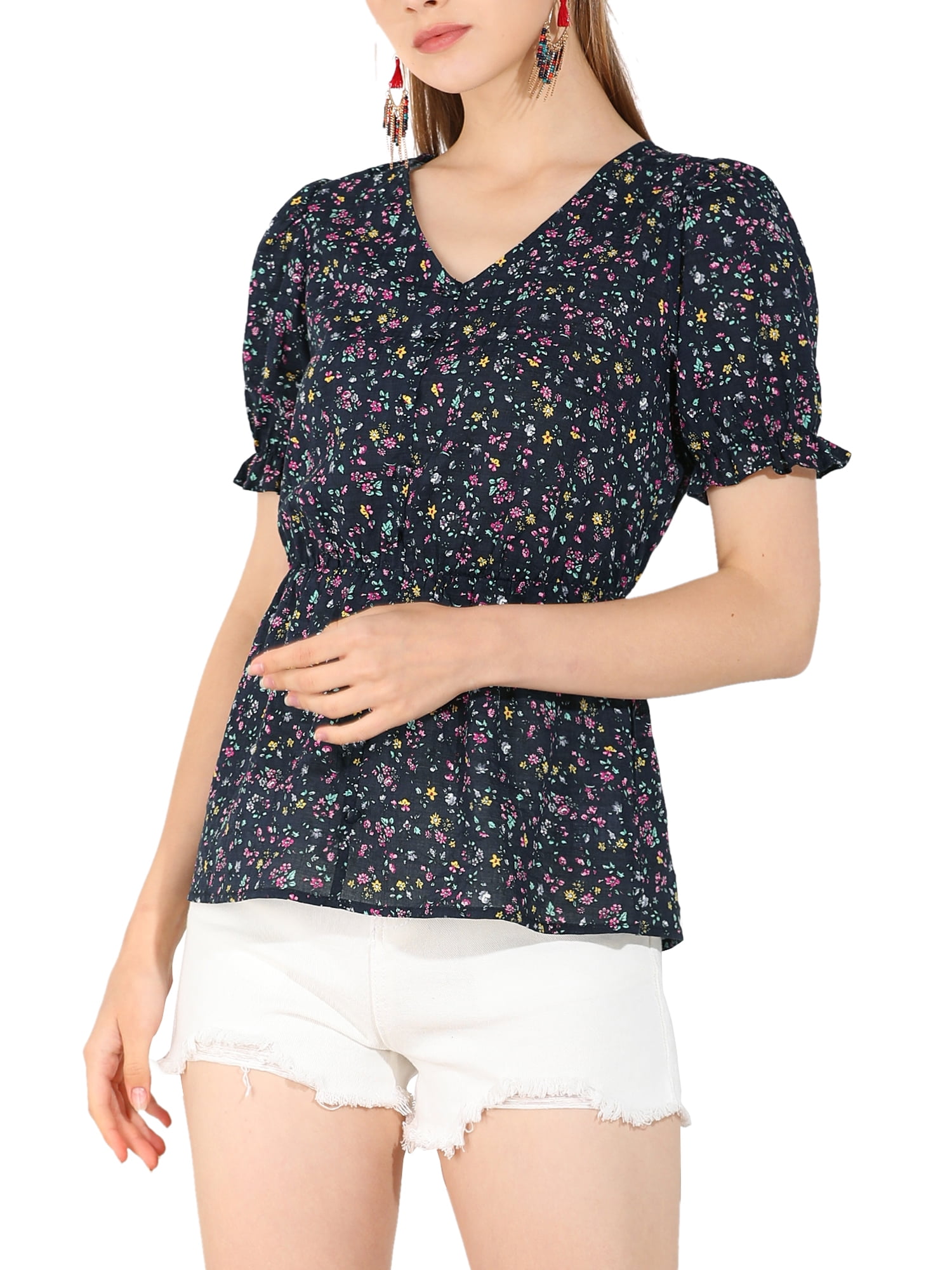 Allegra K Women's Faux Placket Ruffle Hem Puff Sleeve Button Decor ...