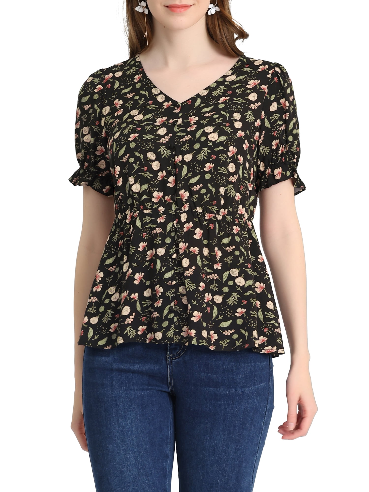 Allegra K Women's Faux Placket Ruffle Hem Puff Sleeve Button Decor ...