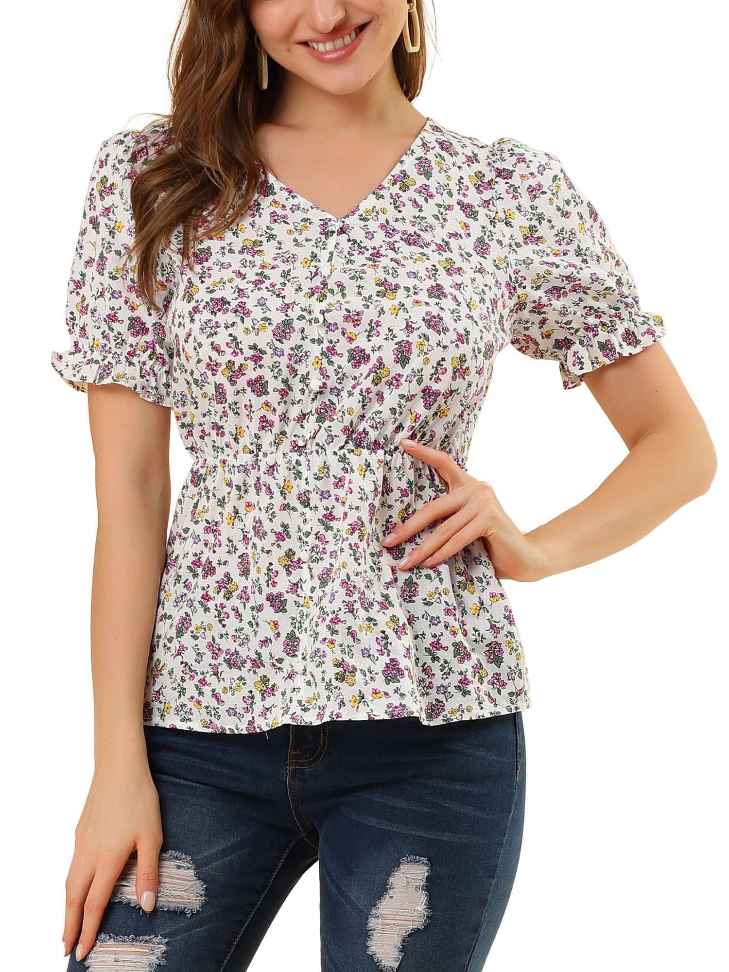 Allegra K Women's Faux Placket Ruffle Hem Puff Sleeve Button Decor ...