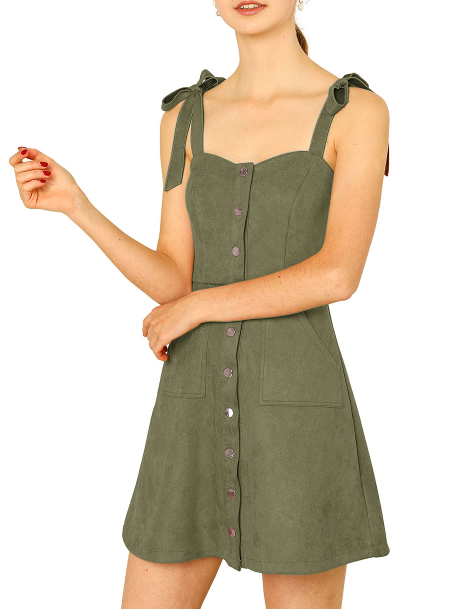 Allegra K Women's Faux Suede A Line Short Button up Overall Dresses ...