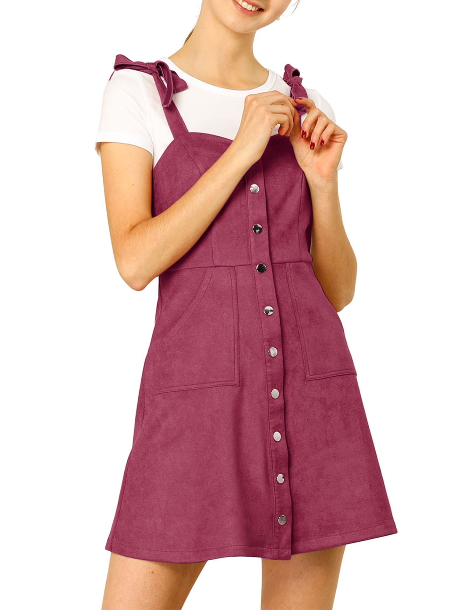 Allegra K Women's Faux Suede A Line Short Button up Overall Dresses ...