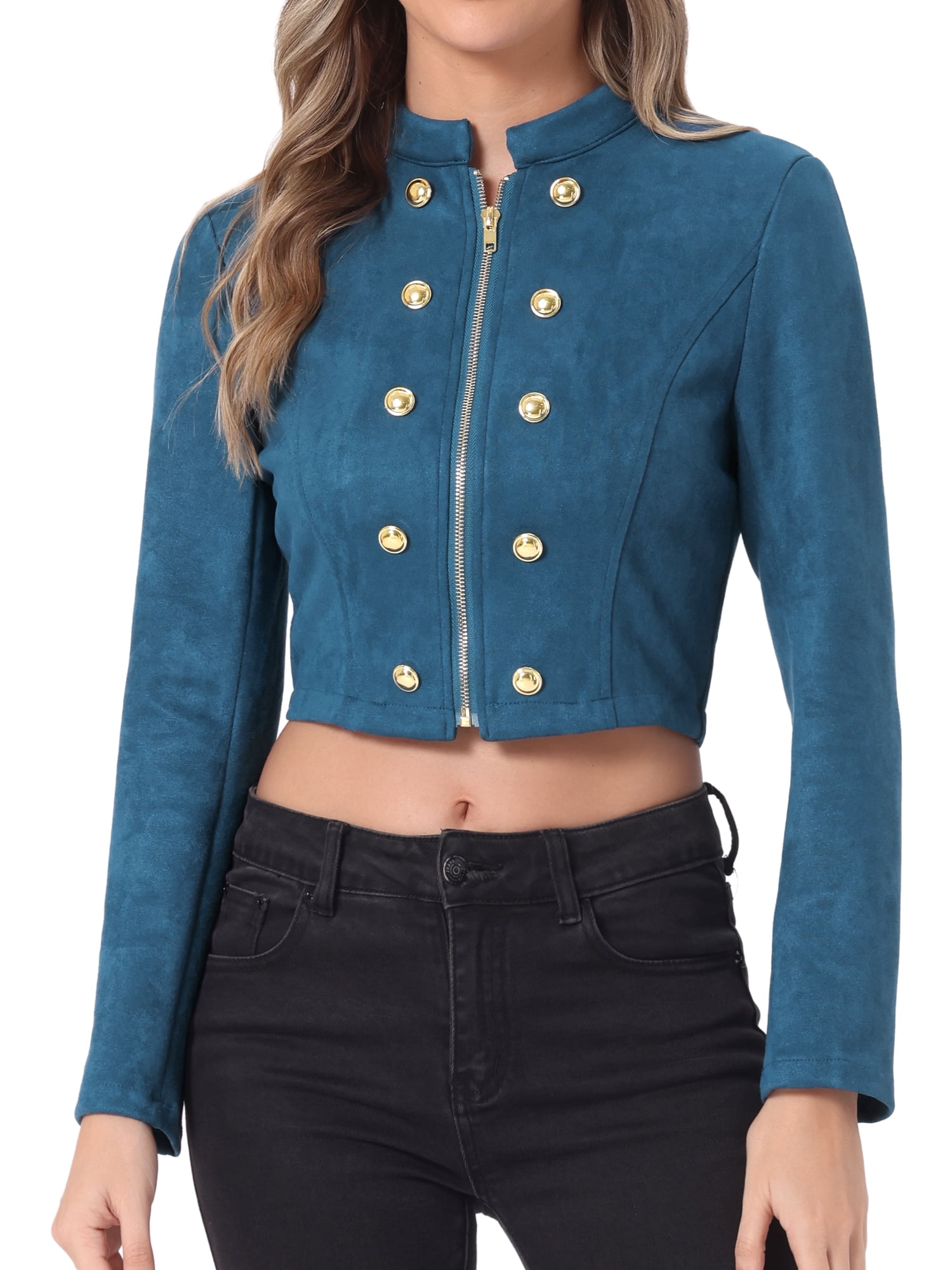 INSPIRE CHIC Women's Faux Suede Cropped Jacket Double Breasted Stand Collar Zip Up Long Sleeve ...