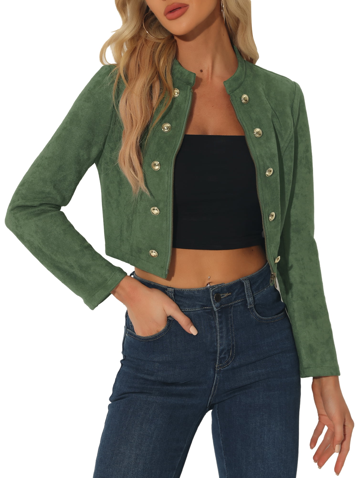 INSPIRE CHIC Women's Faux Suede Cropped Jacket Double Breasted Stand ...