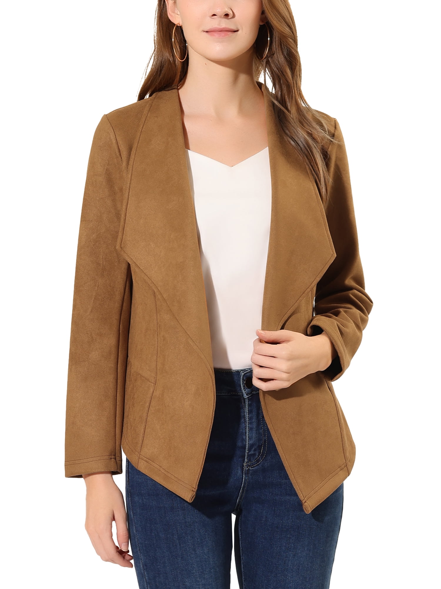 INSPIRE CHIC Women's Faux Suede Drape Blazer Collar Long Sleeves Open ...