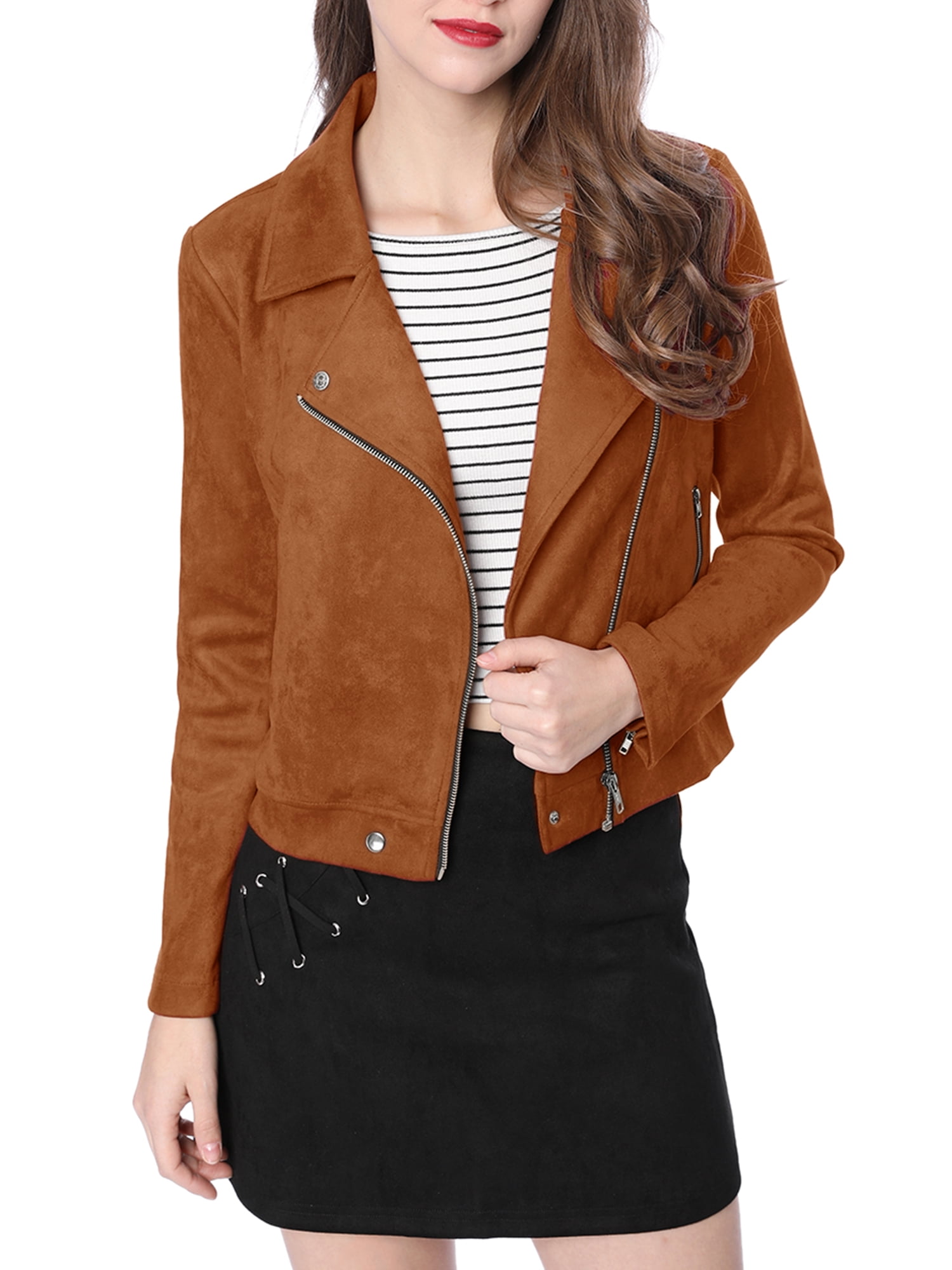 Allegra K Women's Faux Suede Long Sleeve Zip Up Moto Biker Jacket L ...