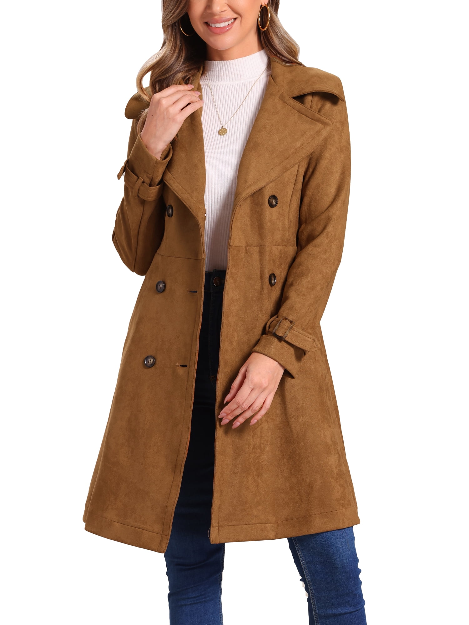 Allegra K Women's Faux Suede Notched Lapel Strap Cuff Solid Double ...