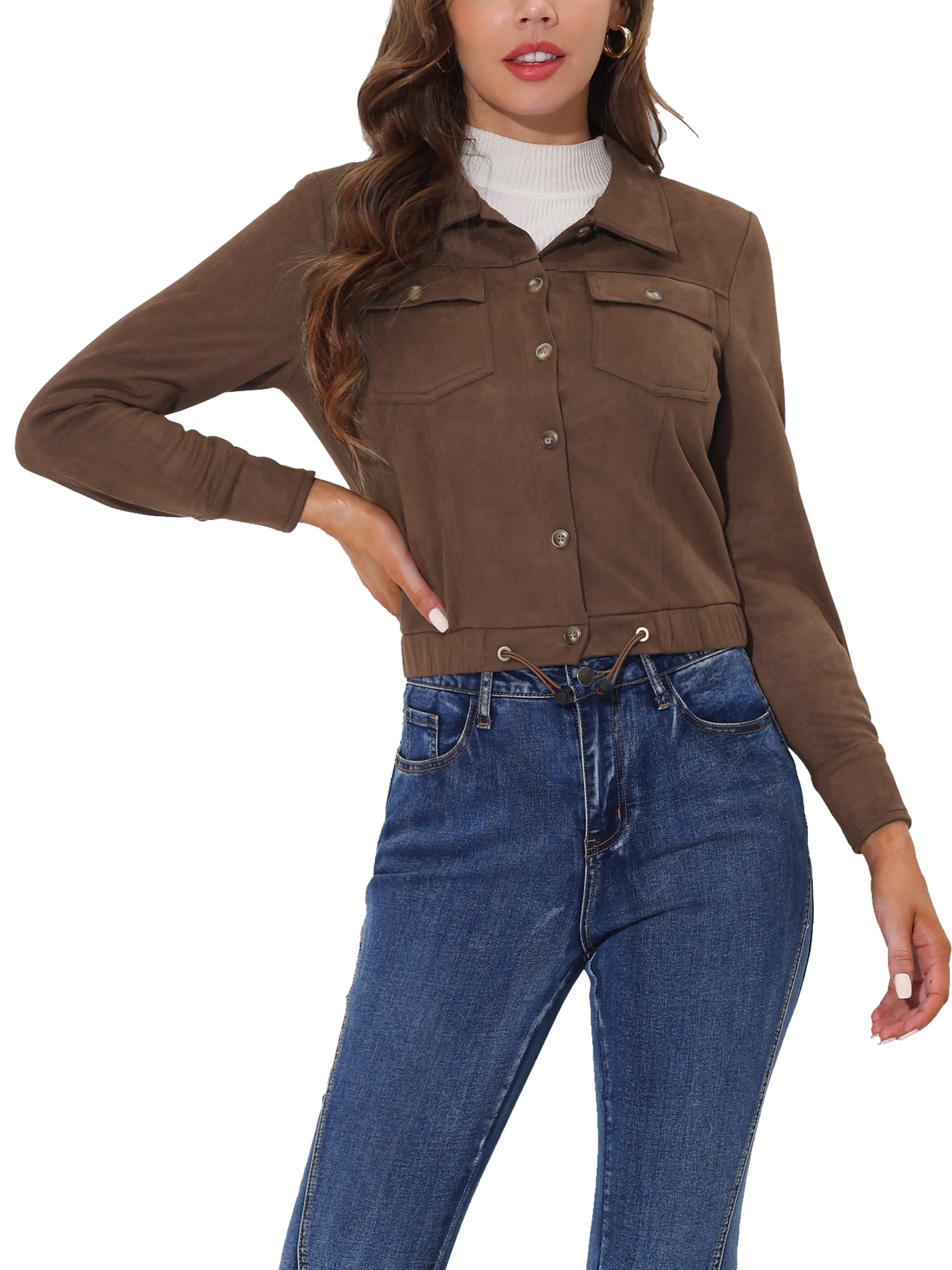 INSPIRE CHIC Women's Faux Suede Point Collar Button Down Cropped ...