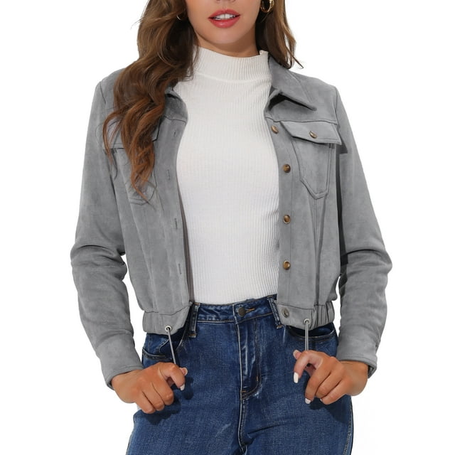 Allegra K Women's Faux Suede Point Collar Button Down Cropped Motorcycle Jacket - Walmart.com