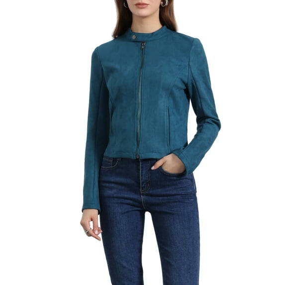 INSPIRE CHIC Women's Faux Suede Stand Collar Zip up Cropped Motorcycle Jacket M Peacock Blue ...
