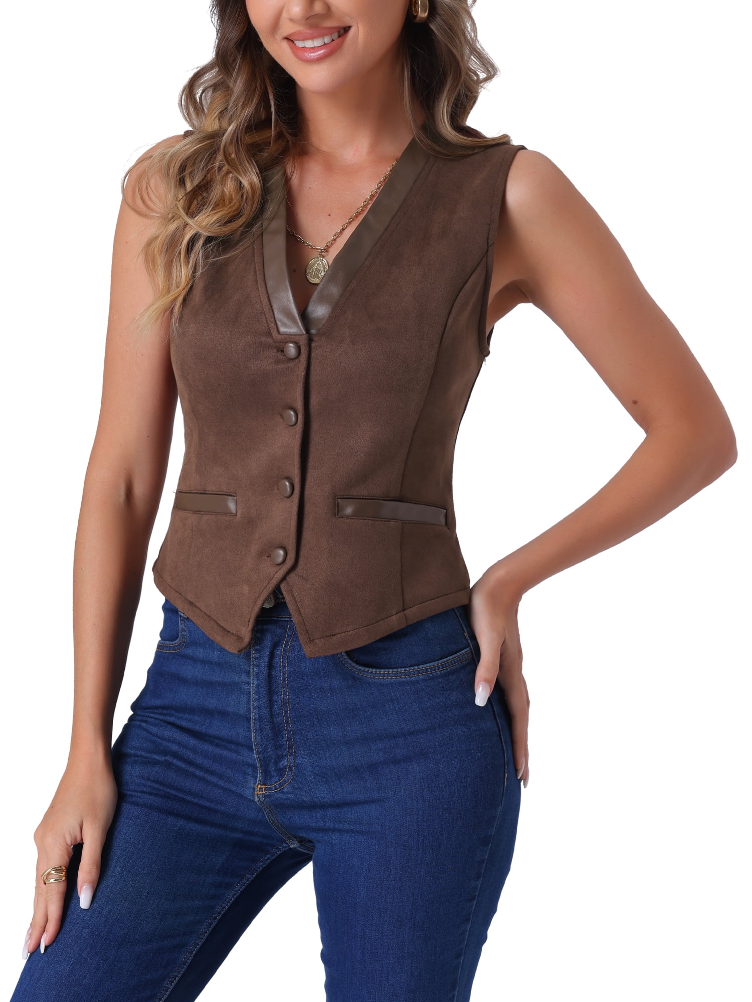 INSPIRE CHIC Women's Vest Faux Suede V Neck Button Vintage Casual ...