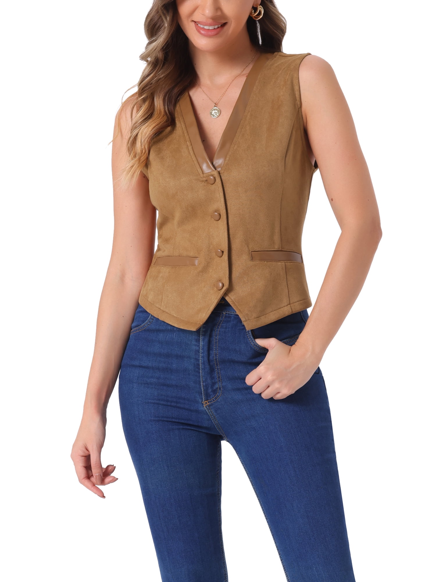 INSPIRE CHIC Women's Vest Faux Suede V Neck Button Vintage Casual ...