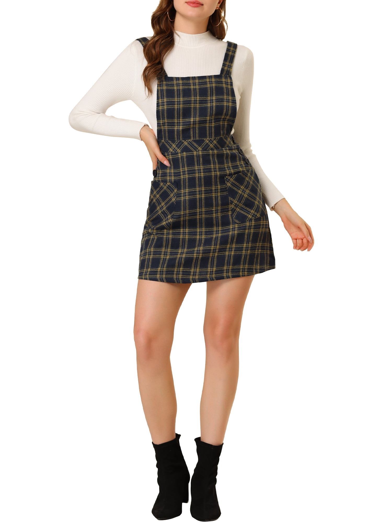 INSPIRE CHIC Women's Plaid Button Decor A-Line Pinafore Overall Dress ...