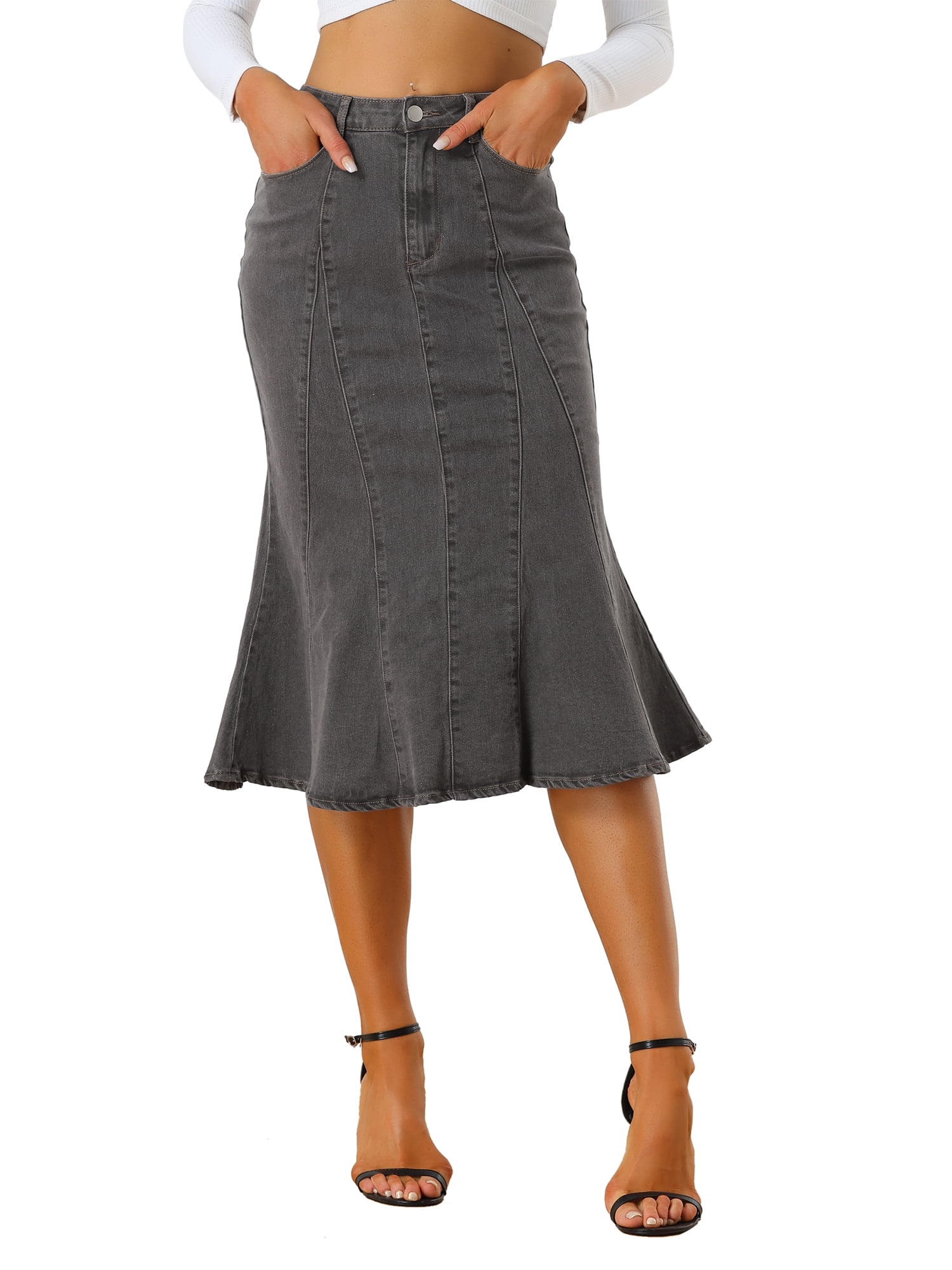 INSPIRE CHIC Women's Fishtail Bodycon Skirts High Waist Midi Jean Denim Skirt XL Black Gray ...