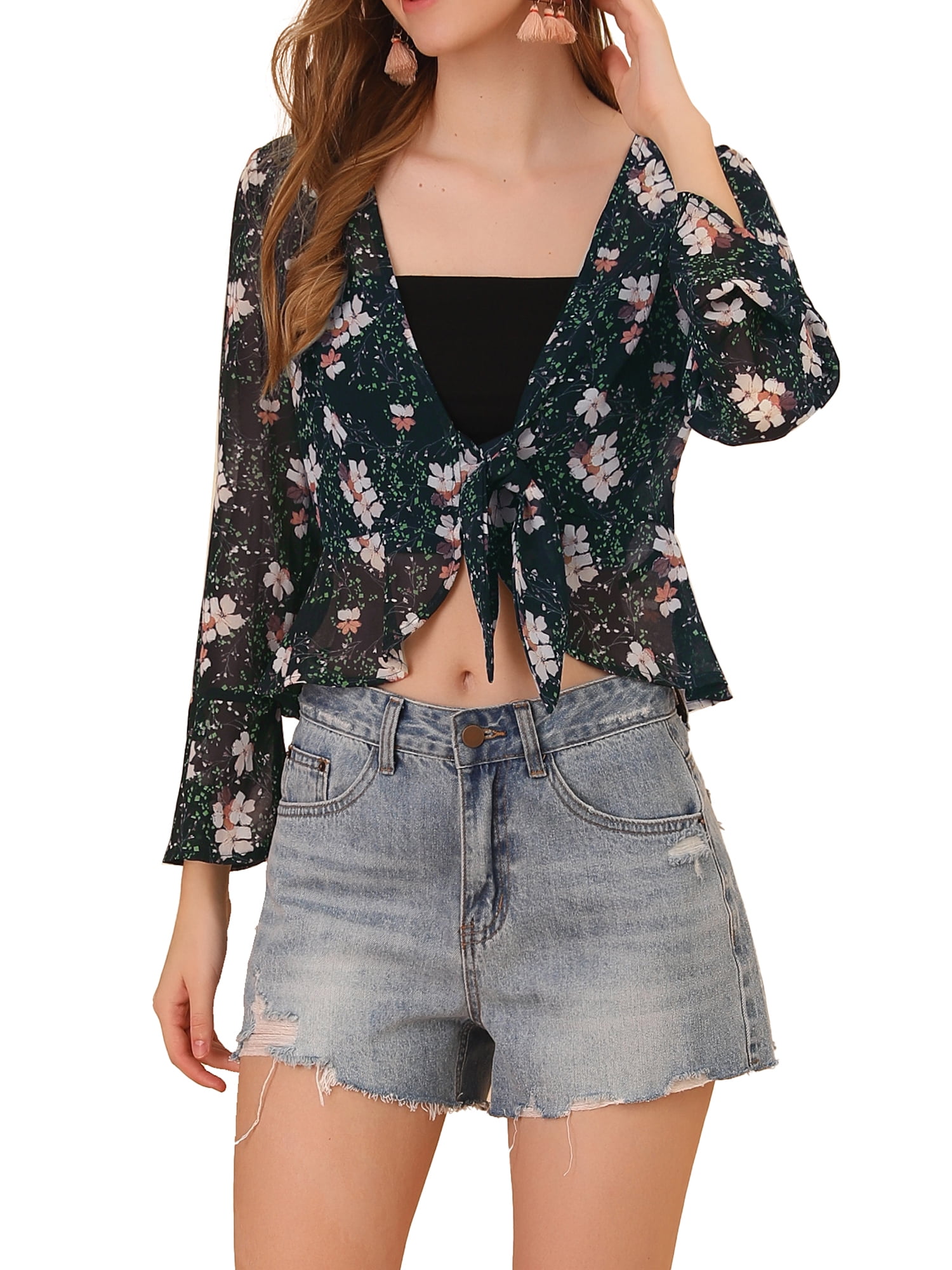 INSPIRE CHIC Women's Floral Bell Sleeve Beach Chiffon Semi Sheer Self ...
