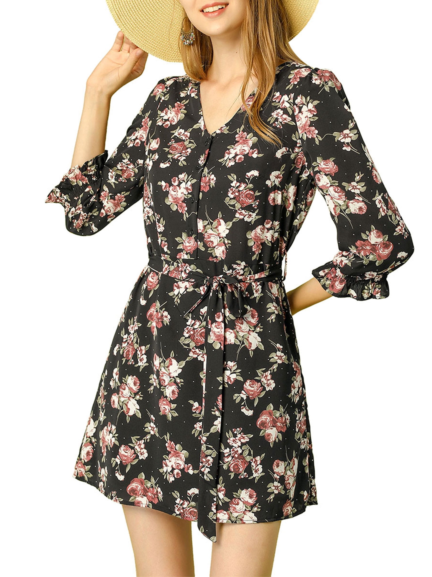Allegra K Women's Floral Belted V Neck Half Placket Smocked Ruffle Cuff ...