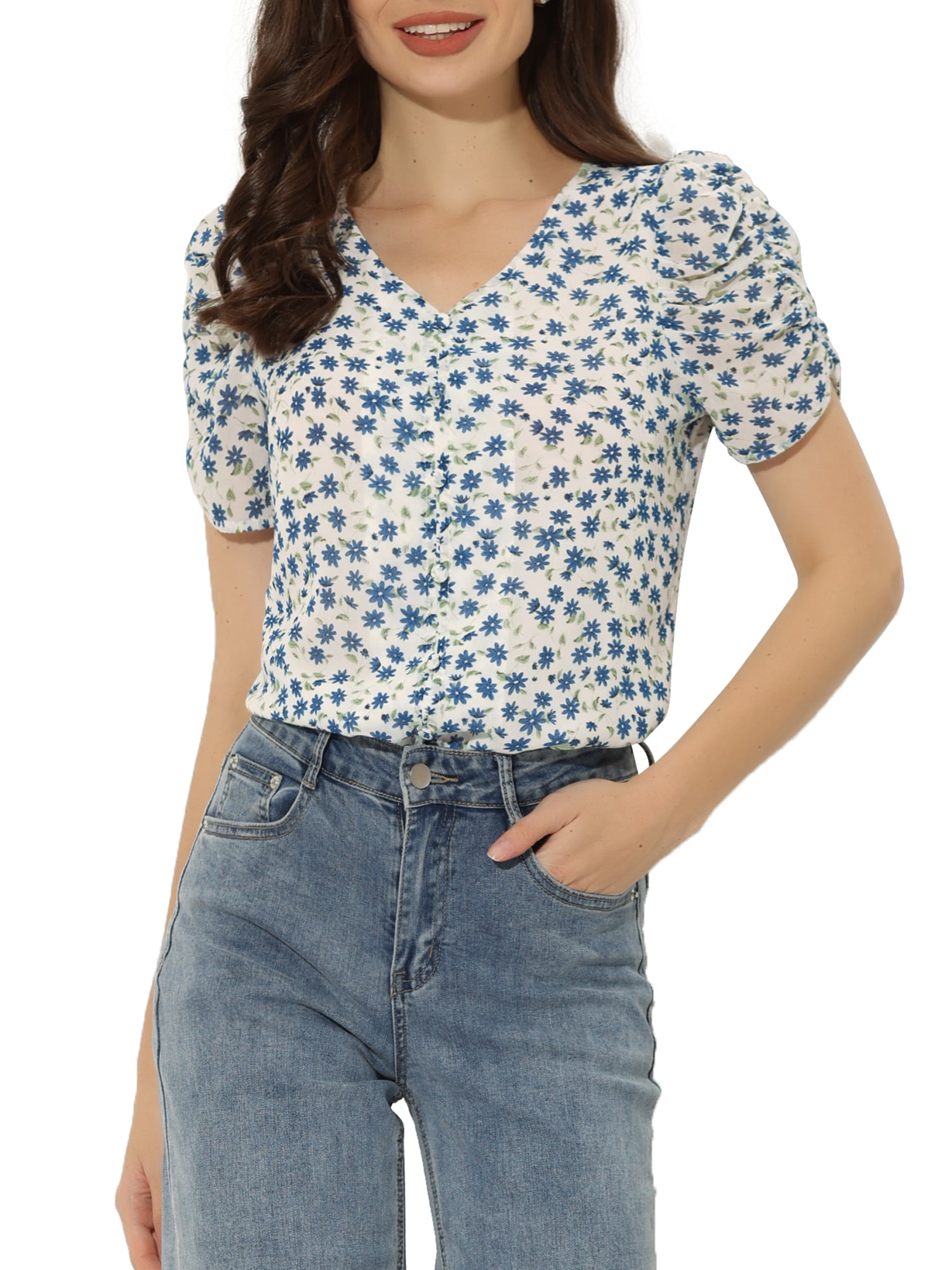 Allegra K Women's Floral Blouse V Neck Relax Short Sleeve Tops M Blue ...
