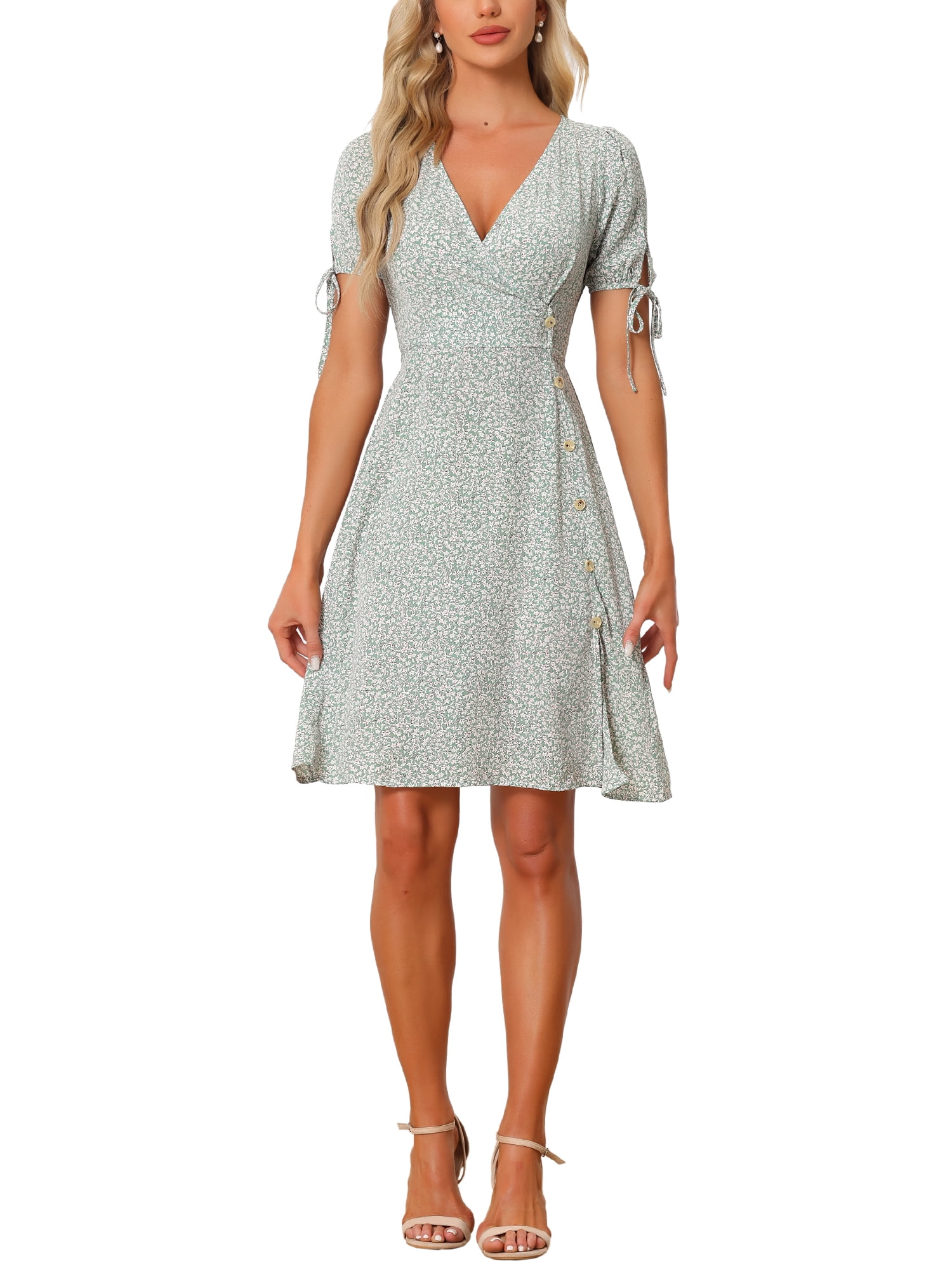 Allegra K Women's Floral Boho Wrap V Neck Short Sleeve A-Line Summer ...