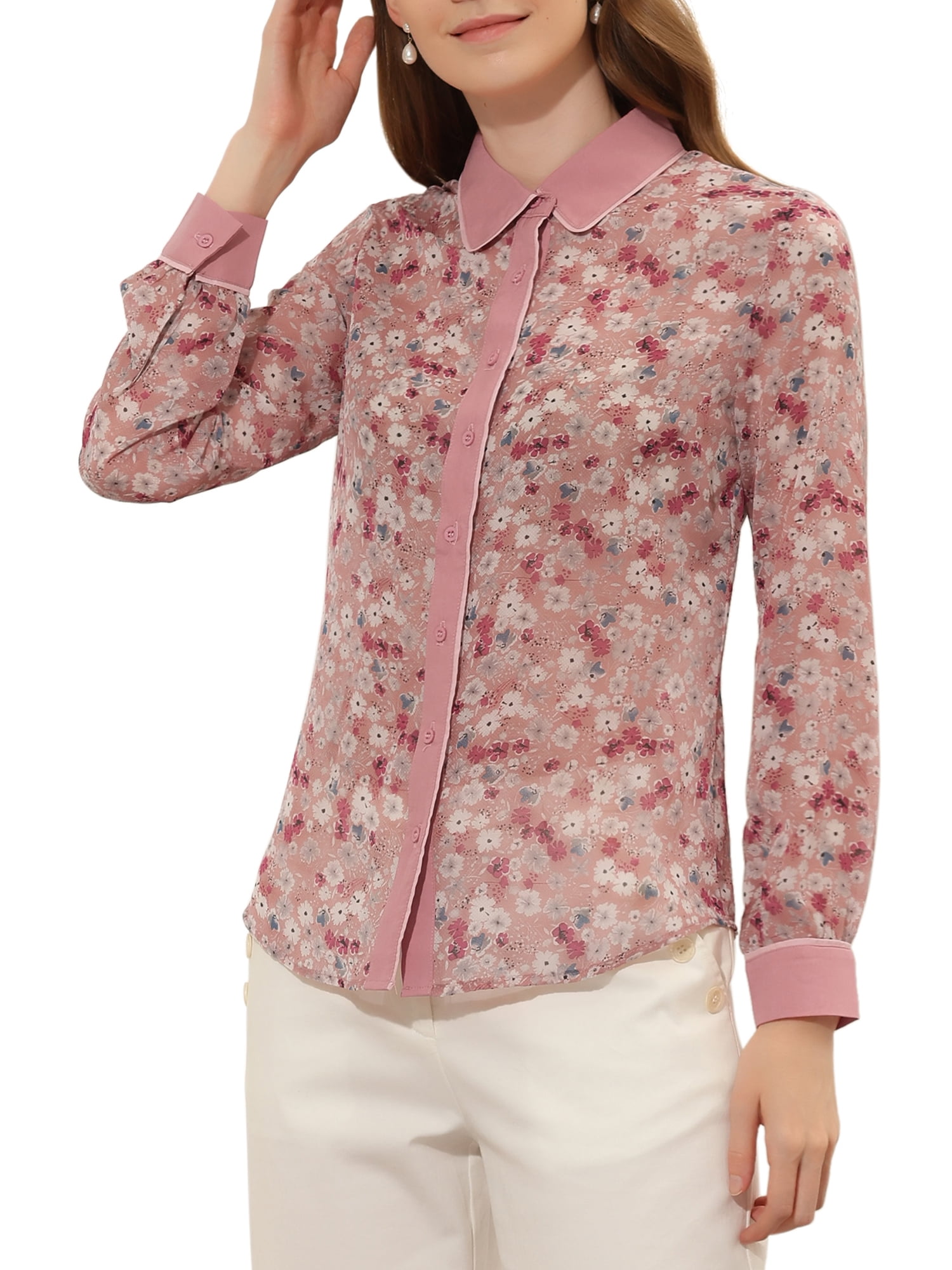 INSPIRE CHIC Women's Floral Button up Contrast Color Long Sleeve Work ...