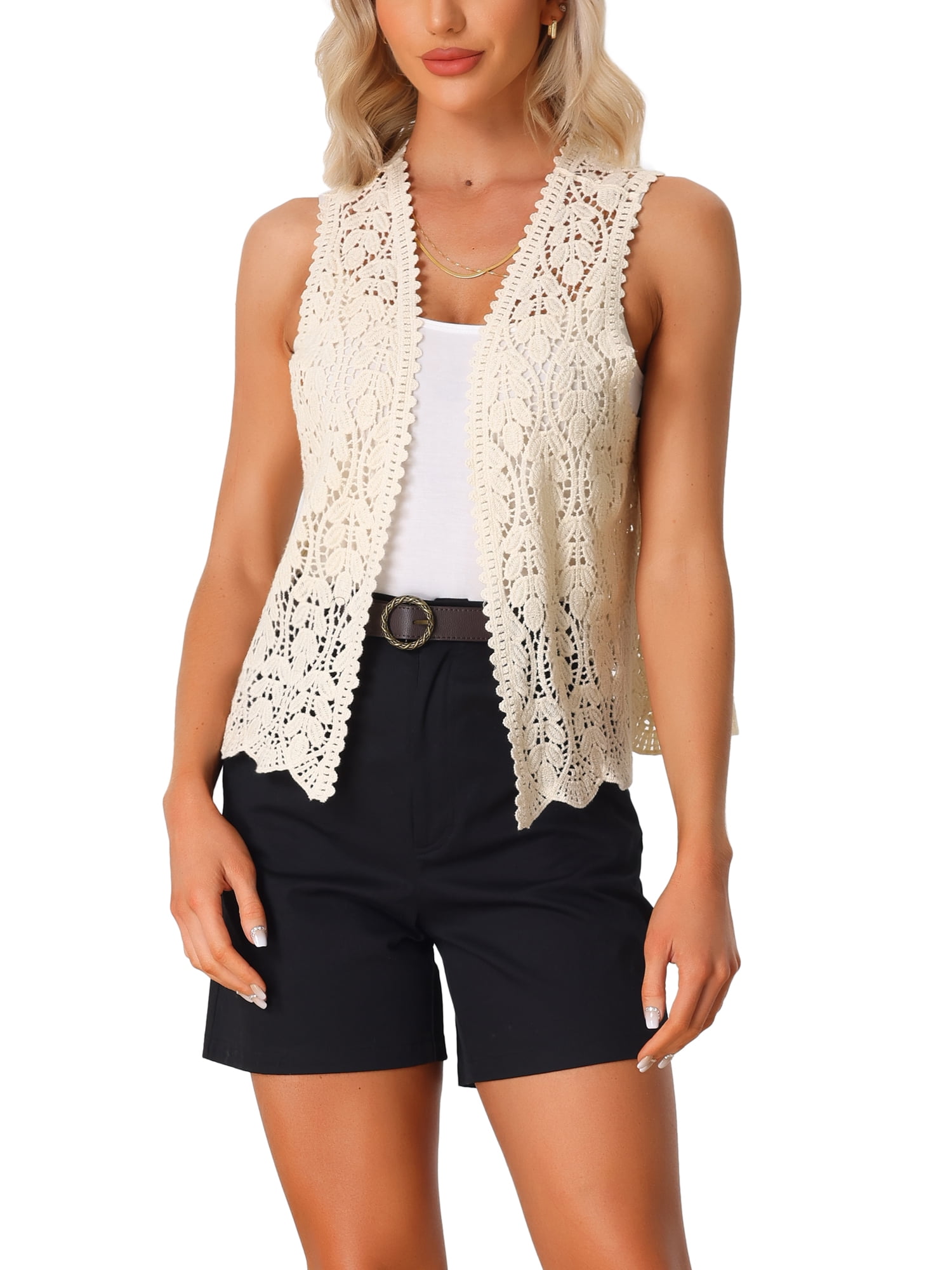 INSPIRE CHIC Women's Floral Crochet Hollow Out Sleeveless Open Front ...