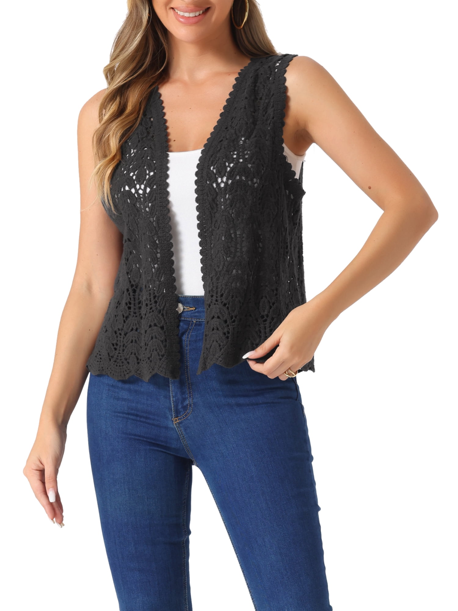INSPIRE CHIC Women's Floral Crochet Hollow Out Sleeveless Open Front ...