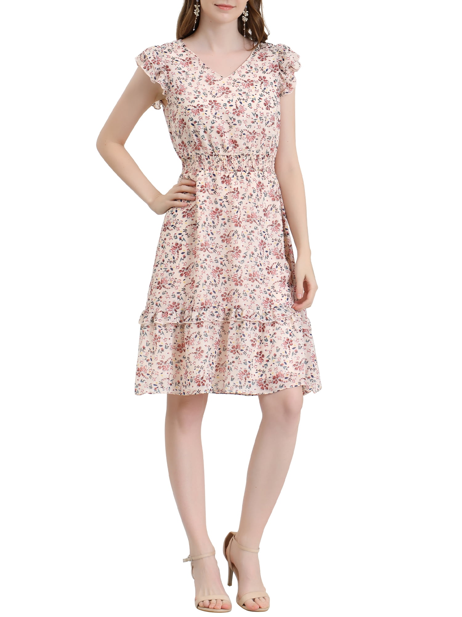 INSPIRE CHIC Women's Dress Floral Flutter Sleeves V Neck Casual Smocked ...