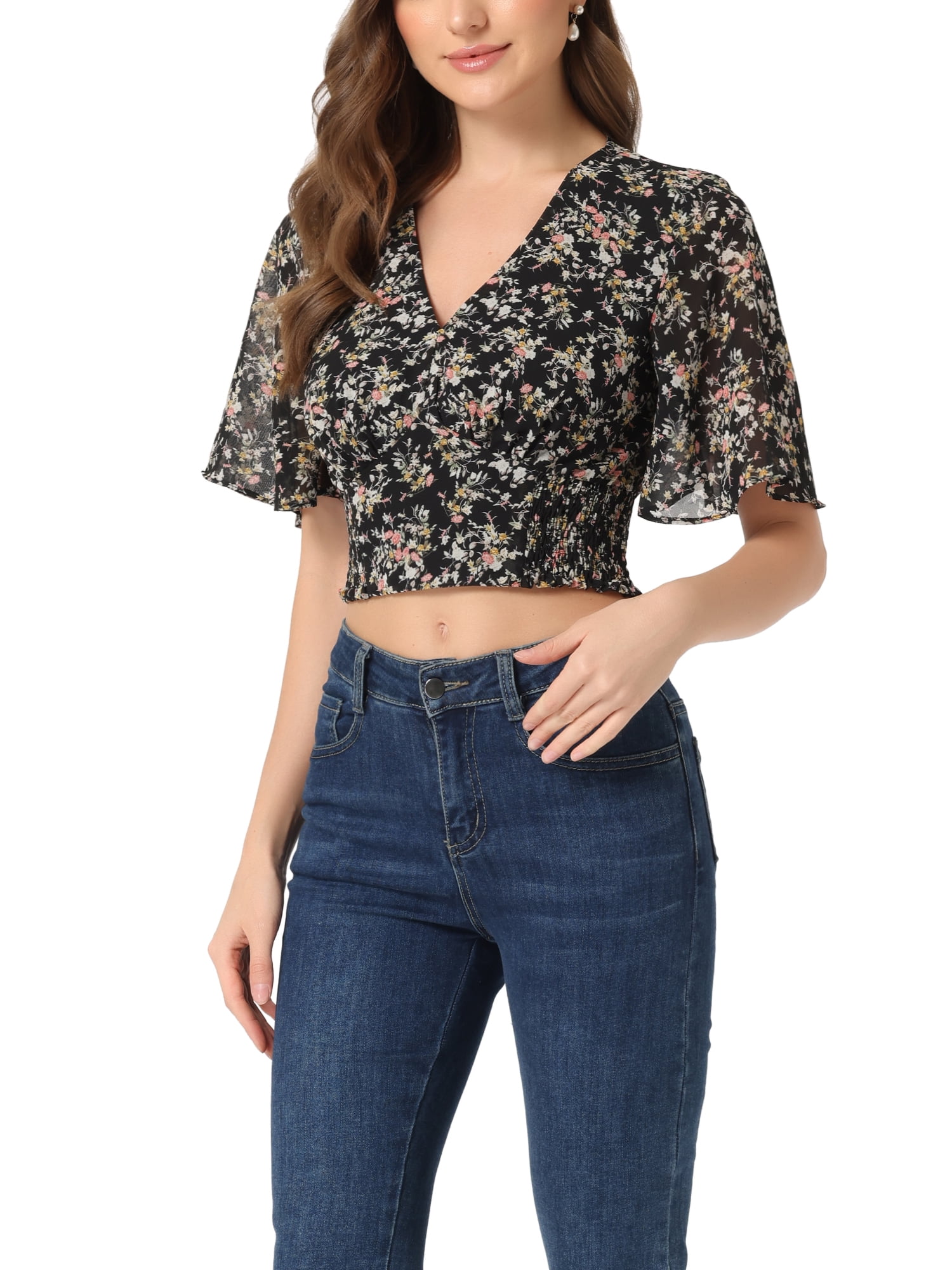 INSPIRE CHIC Women's Floral Flare Short Sleeve V Neck Summer Smocked ...
