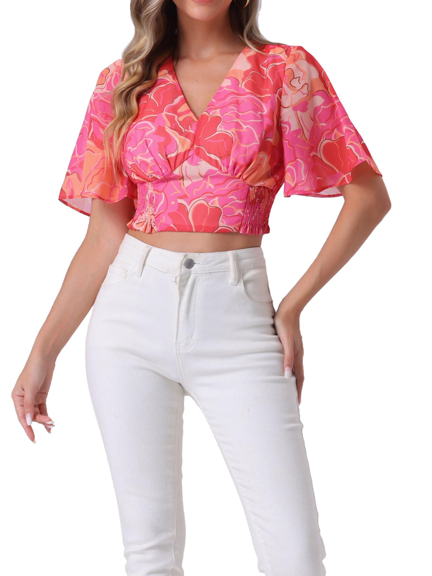 INSPIRE CHIC Women's Floral Flare Short Sleeve V Neck Summer Smocked ...