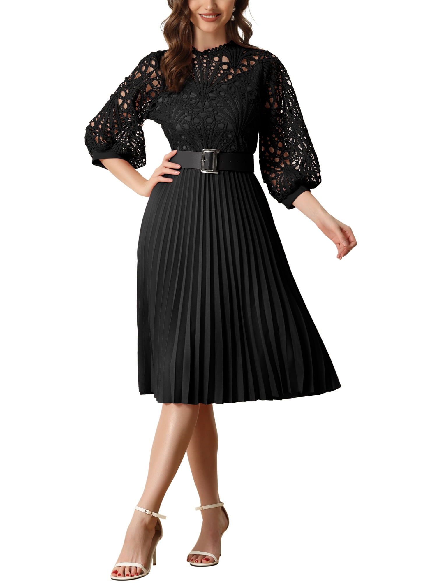 Allegra K Women's Floral Lace Dress 3/4 Sleeves Belted Panel A-Line ...