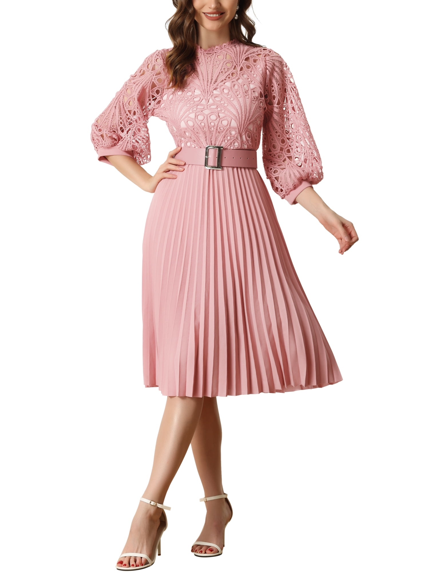 Allegra K Women's Floral Lace Dress 3/4 Sleeves Belted Panel A-Line ...