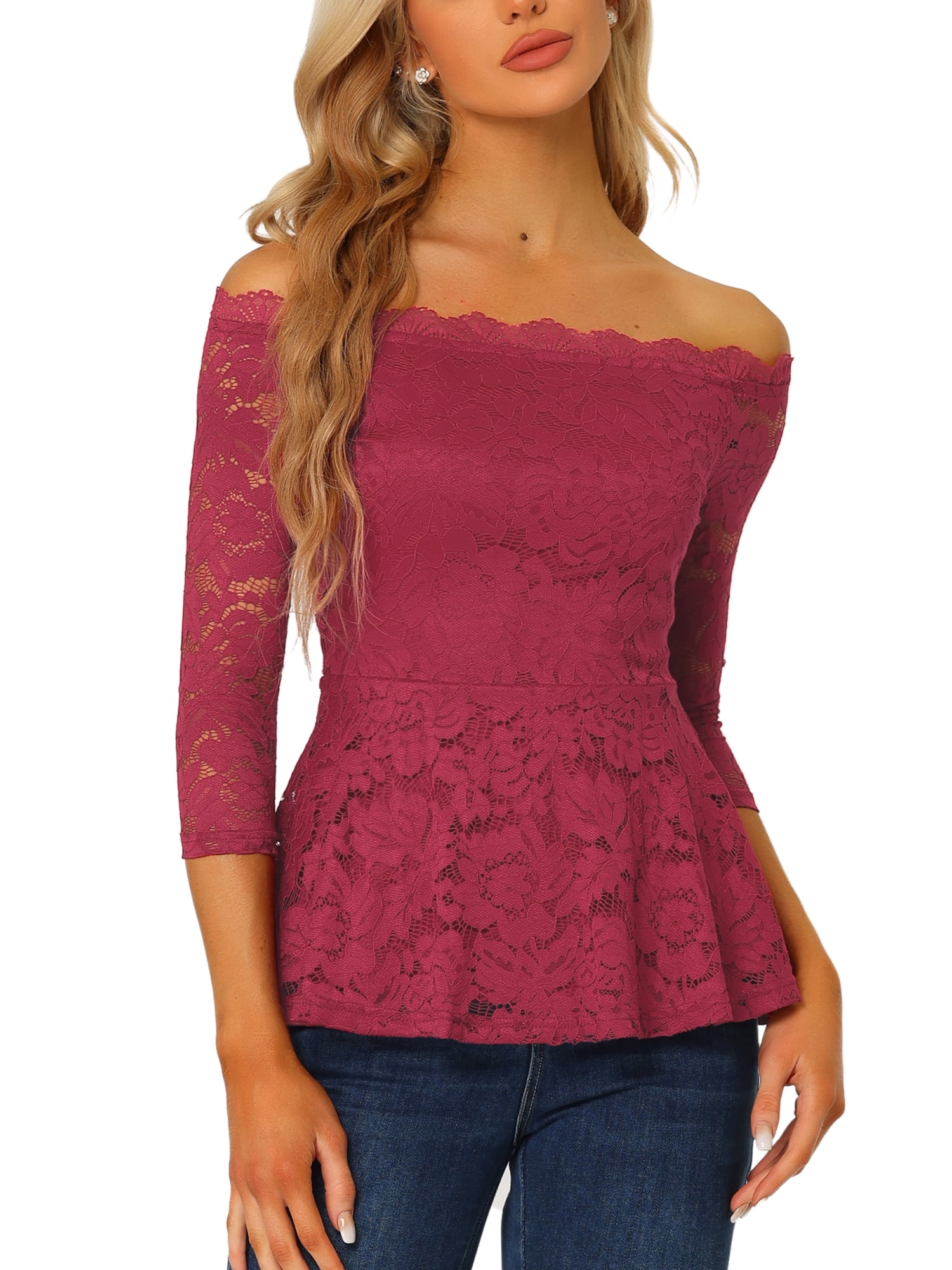 Allegra K Women's Floral Lace Off the Shoulder Sheer 3/4 Sleeve Peplum ...