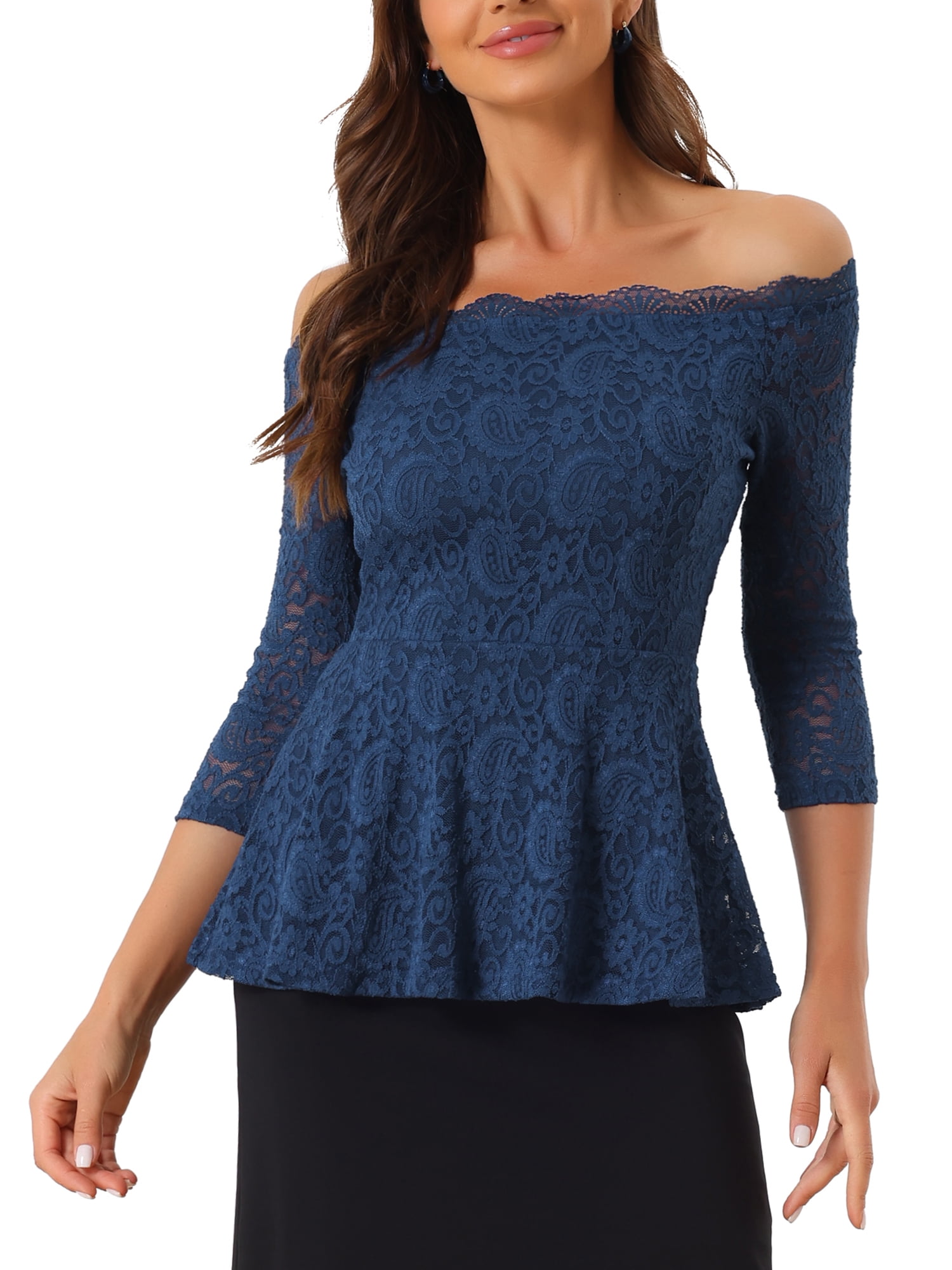 Allegra K Women's Floral Lace Off the Shoulder Sheer 3/4 Sleeve Peplum ...