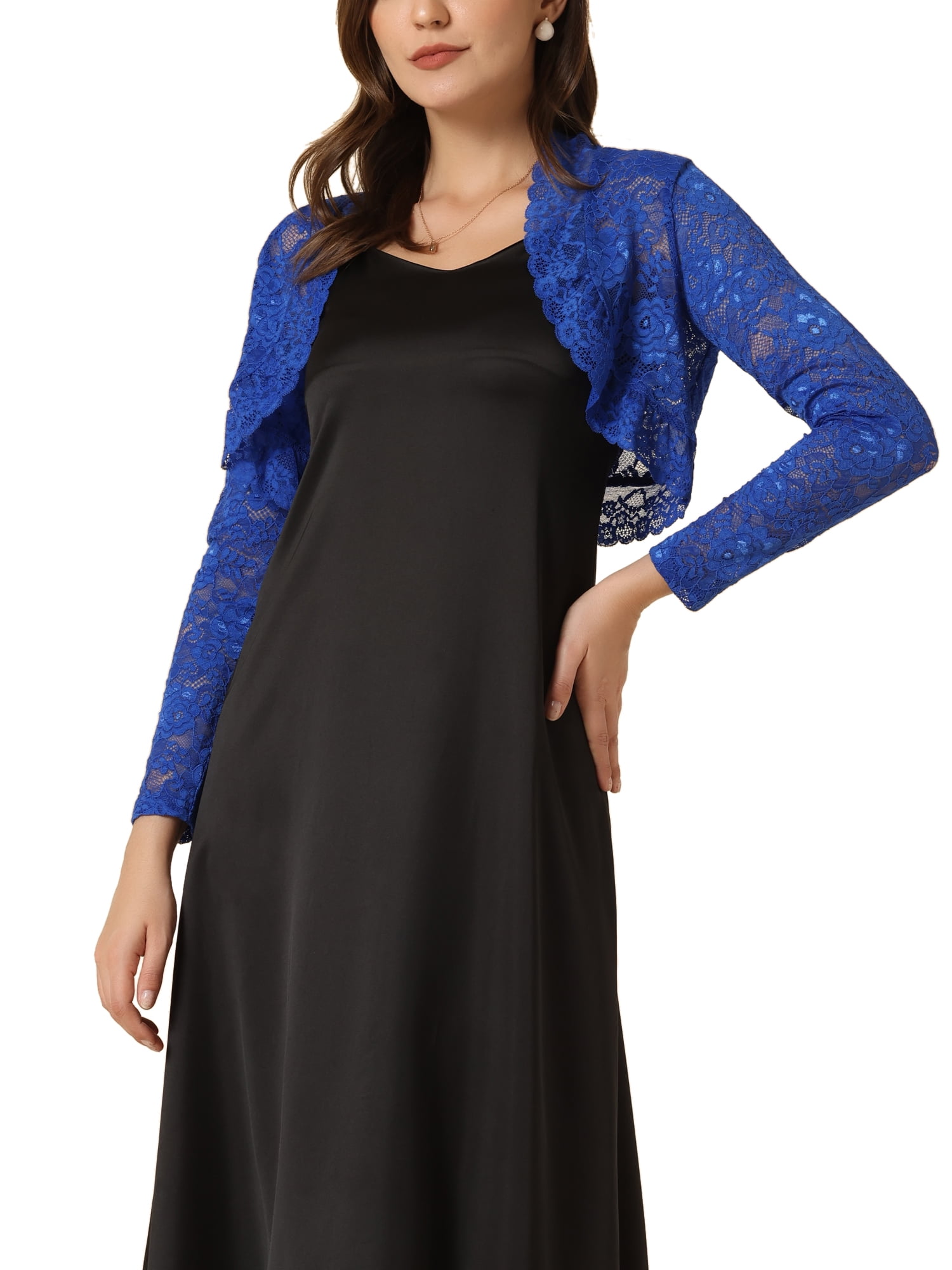 Allegra K Women's Floral Lace Sheer Open Front Bolero Shrug Cropped Cardigan M Royal Blue ...