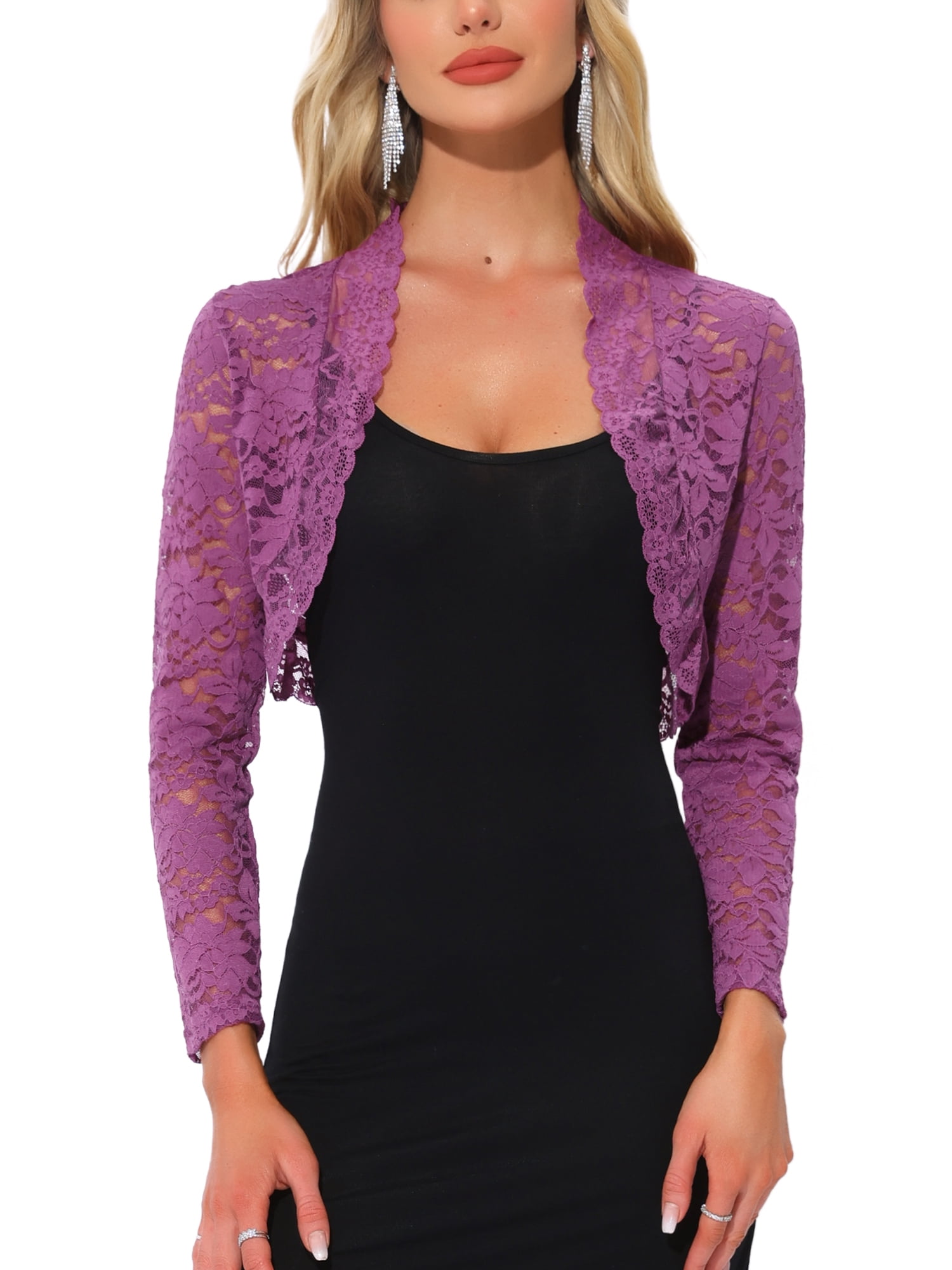 INSPIRE CHIC Women's Floral Lace Sheer Open Front Bolero Shrug Cropped ...