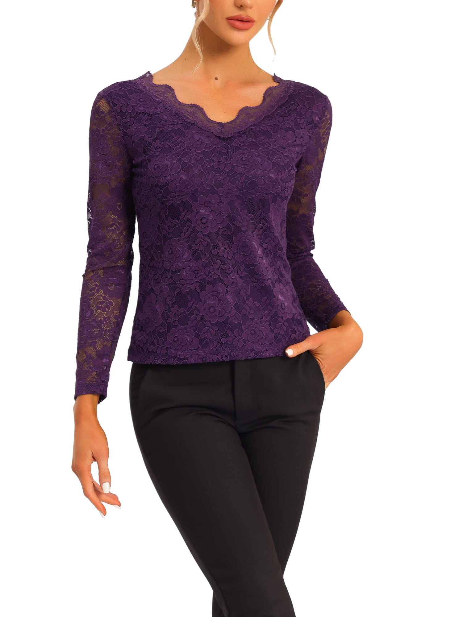 INSPIRE CHIC Valentine's Day Women's Floral Lace Top V-Neck Long Sleeve ...