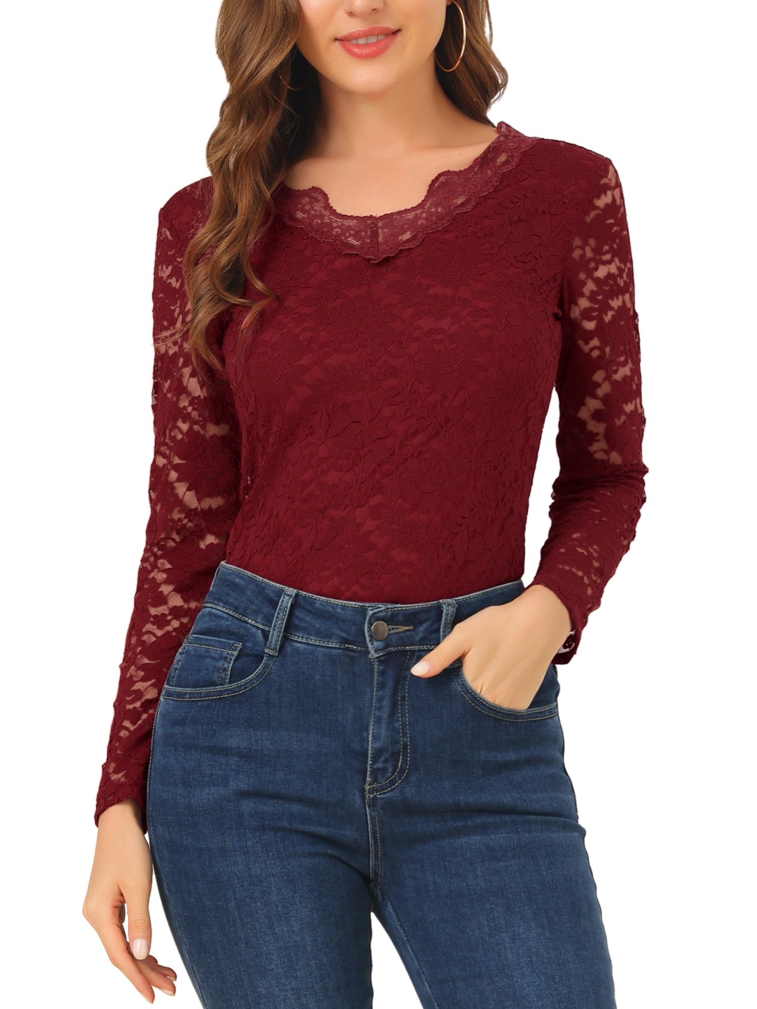 Allegra K Women's Floral Lace Top V-Neck Long Sleeve Lace Scalloped ...