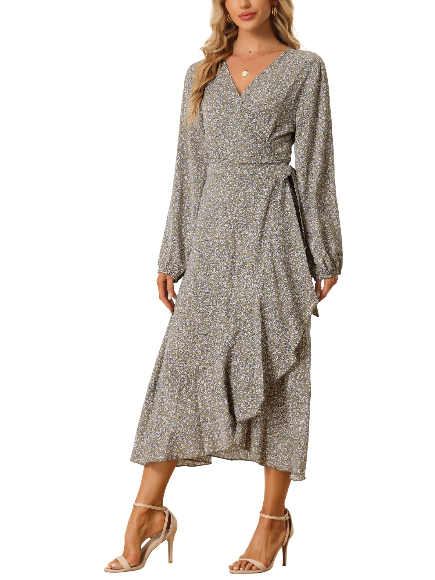 Allegra K Women's Floral Long Sleeve Wrap Tie Waist Ruffle Split Hem ...