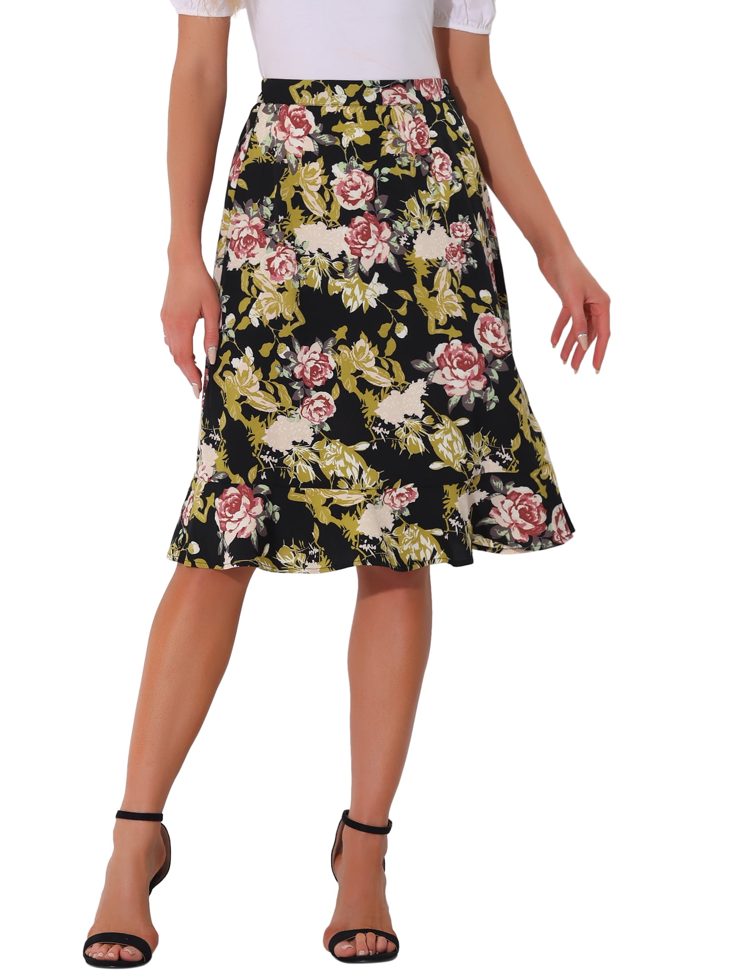 Allegra K Women's Floral Midi Skirts Summer Ruffle High Waist Flowy A ...