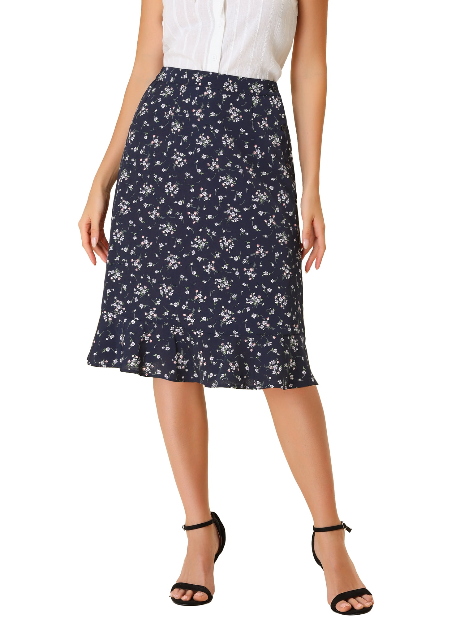 Allegra K Women's Floral Midi Skirts Summer Ruffle High Waist Flowy A ...