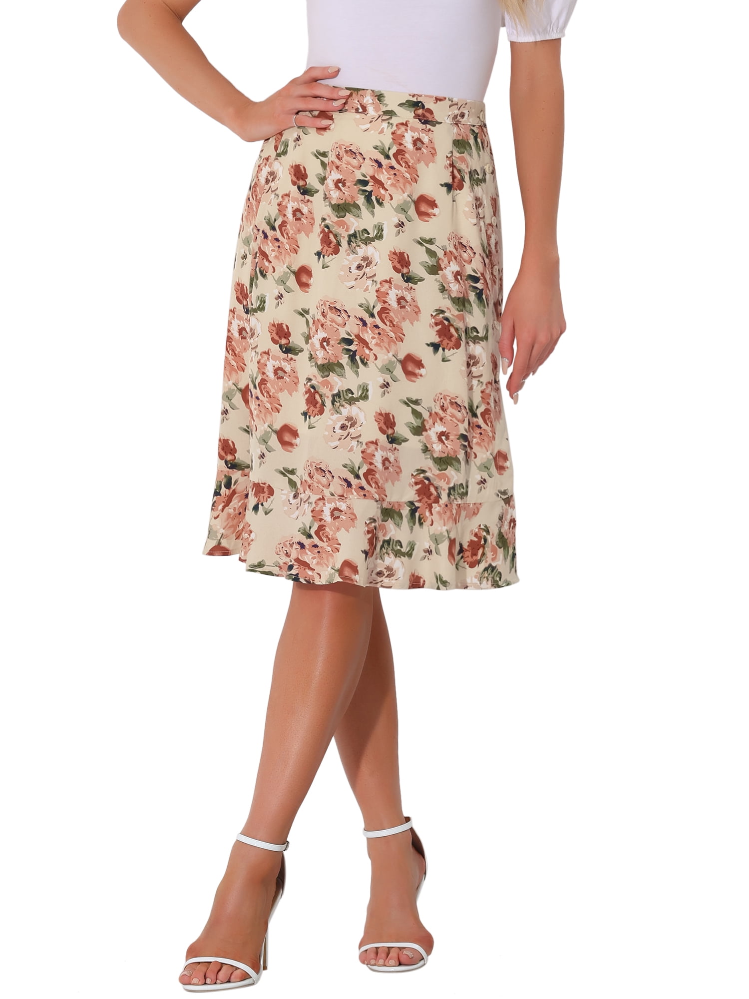 Allegra K Women's Floral Midi Skirts Summer Ruffle High Waist Flowy A ...