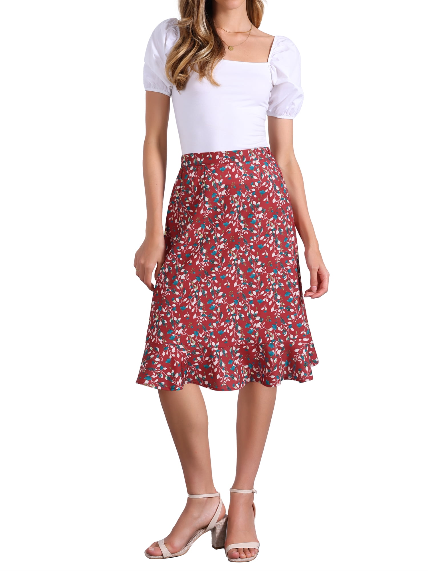 INSPIRE CHIC Women's Floral Skirts High Waist Flowy A-Line Split Ruffle ...