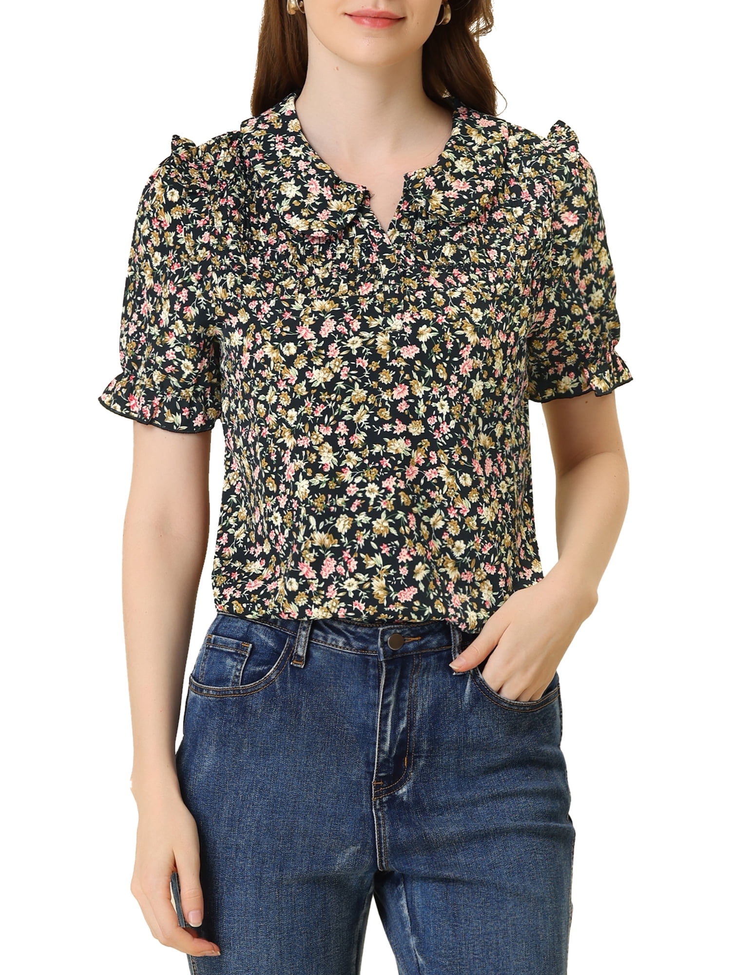 Allegra K Women's Floral Peter Pan Collar Smocked Puff Short Sleeve ...