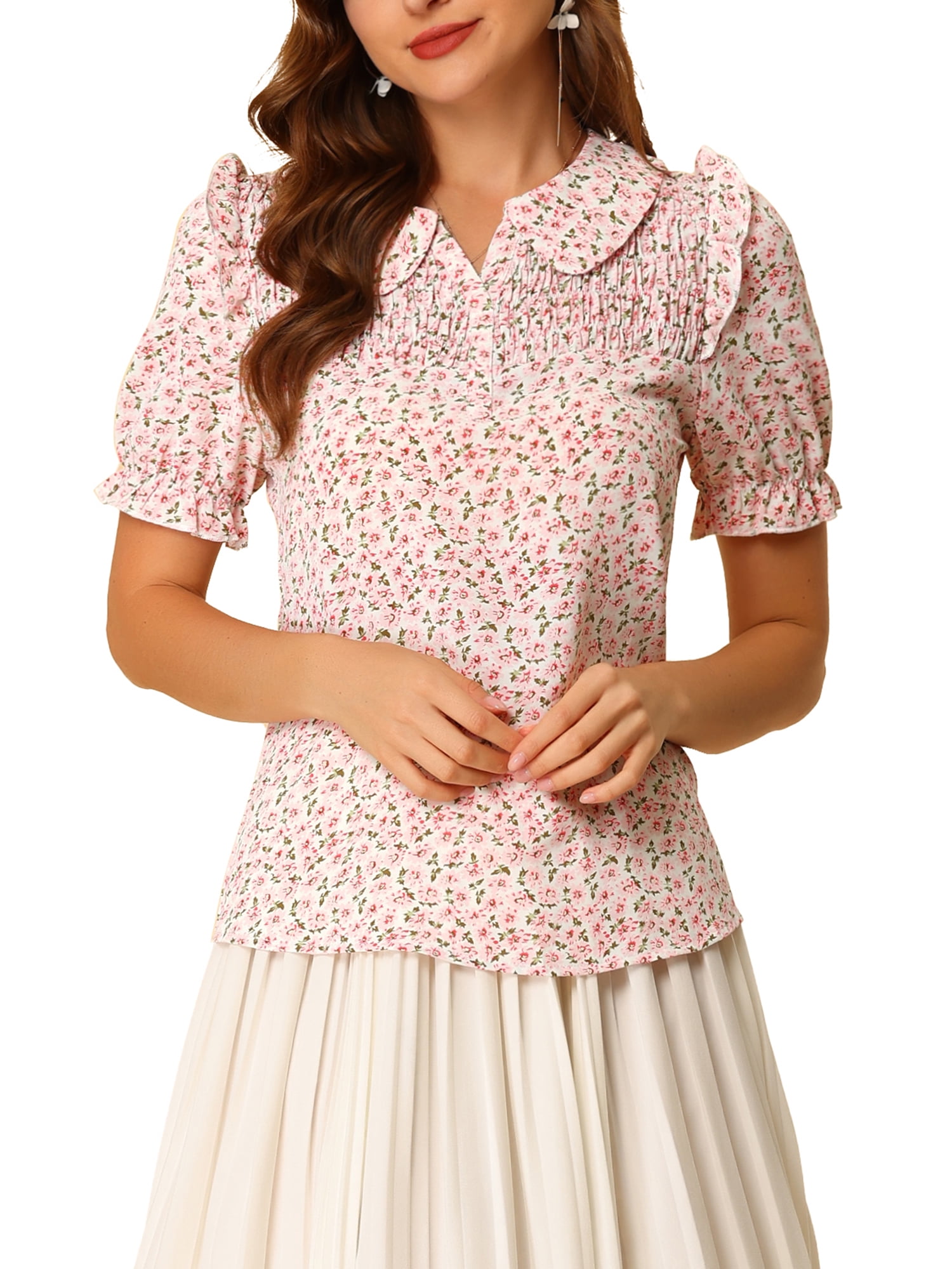 Allegra K Women's Floral Peter Pan Collar Smocked Puff Short Sleeve ...