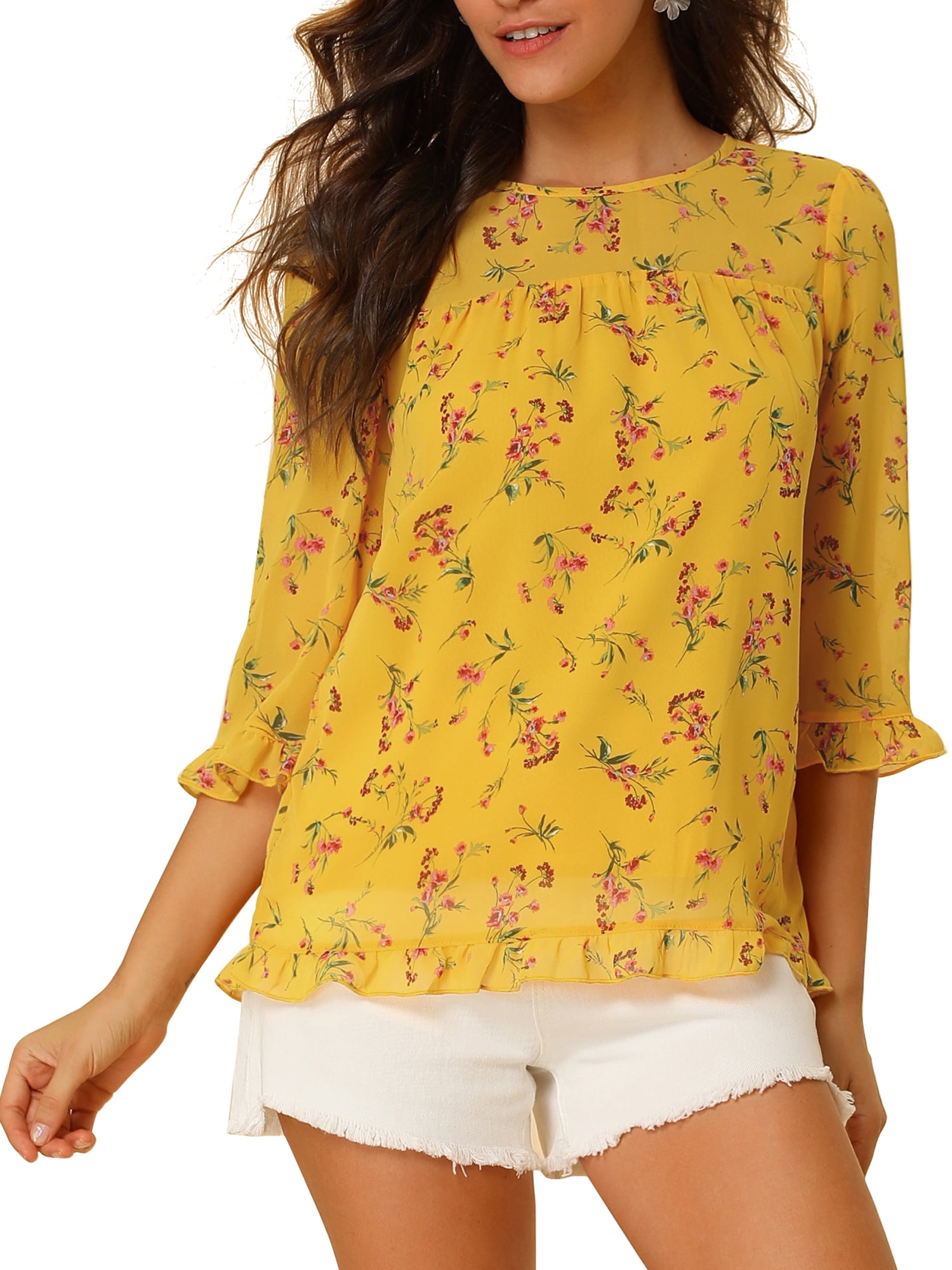 Allegra K Womens Floral Print Chiffon Ruffle 3 4 Sleeve Flowy Blouse